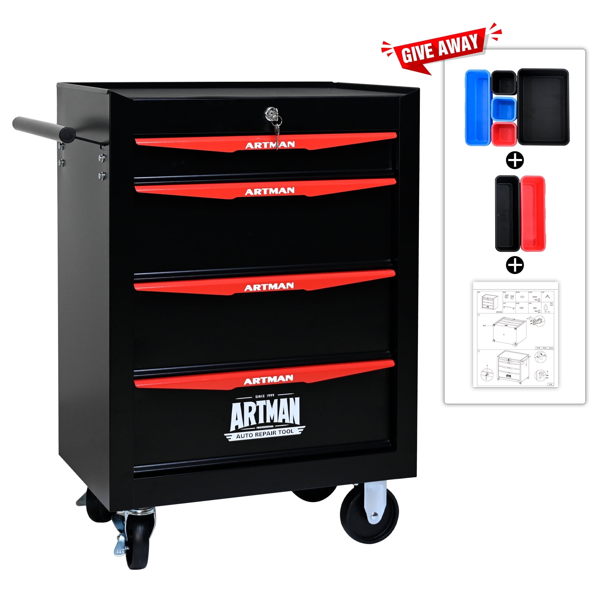 ARTMAN 20" 4-Drawer Rolling Tool Chest /Drawers & Lock, Tool Storage ...