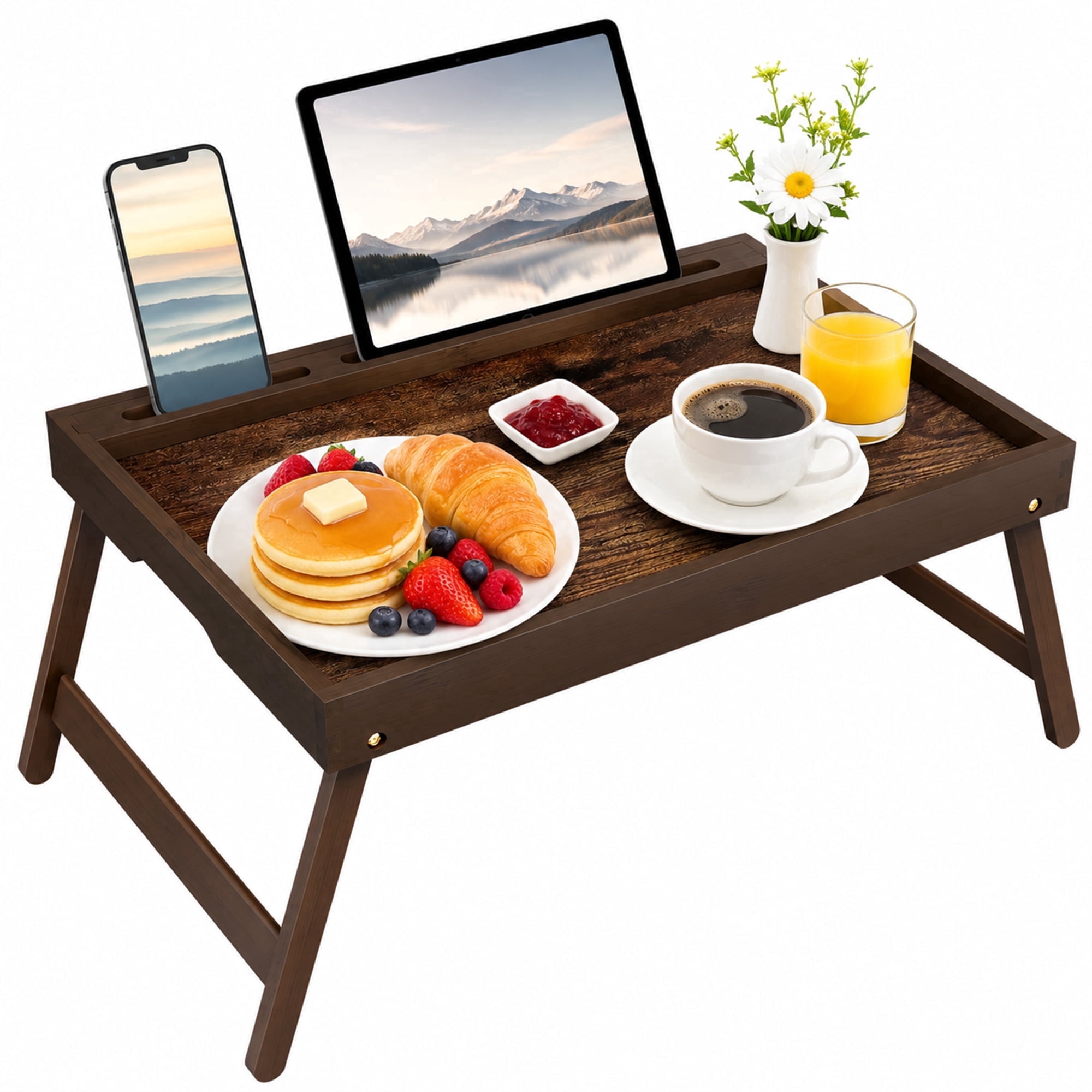 Artmeer Bamboo Breakfast Bed Tray Table with Foldable Legs Detachable ...
