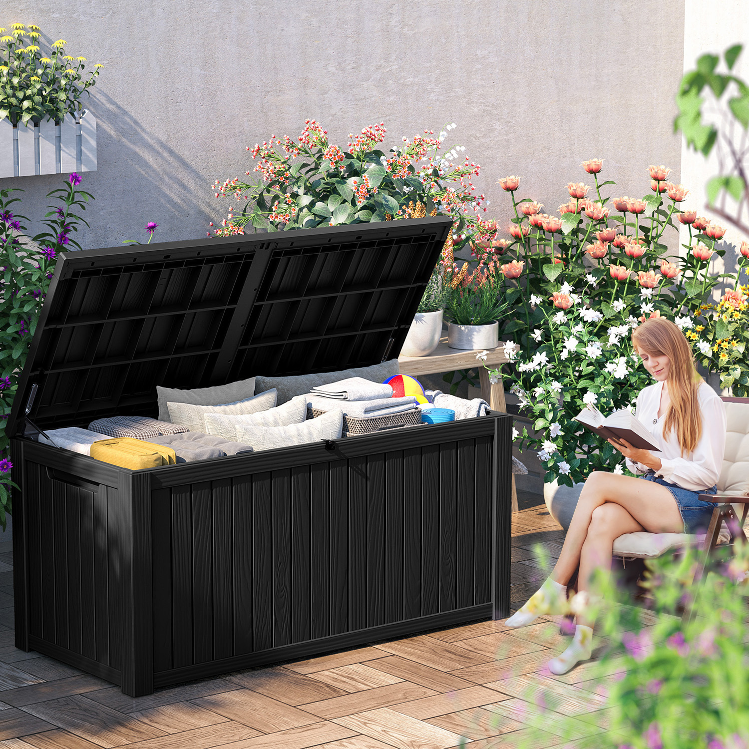 Cosco Outdoor Patio Deck Storage Box, Extra Large, 180 Gallons, Black ...