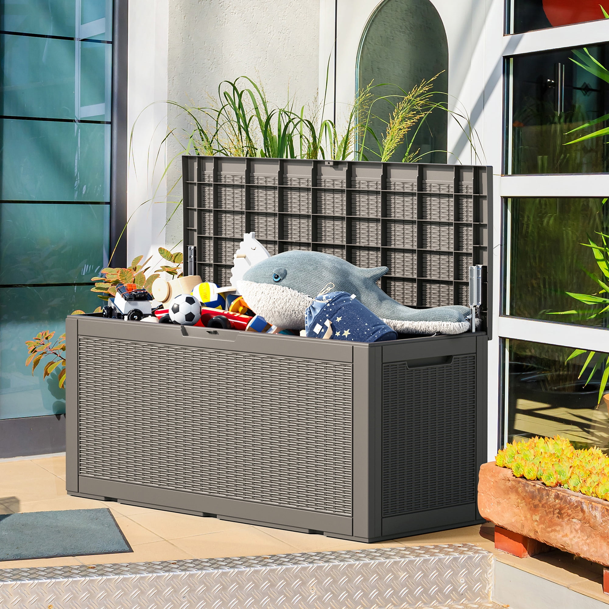Outdoor Wicker Storage Box,100 Gallon Waterproof Deck Bin with keyhole ...