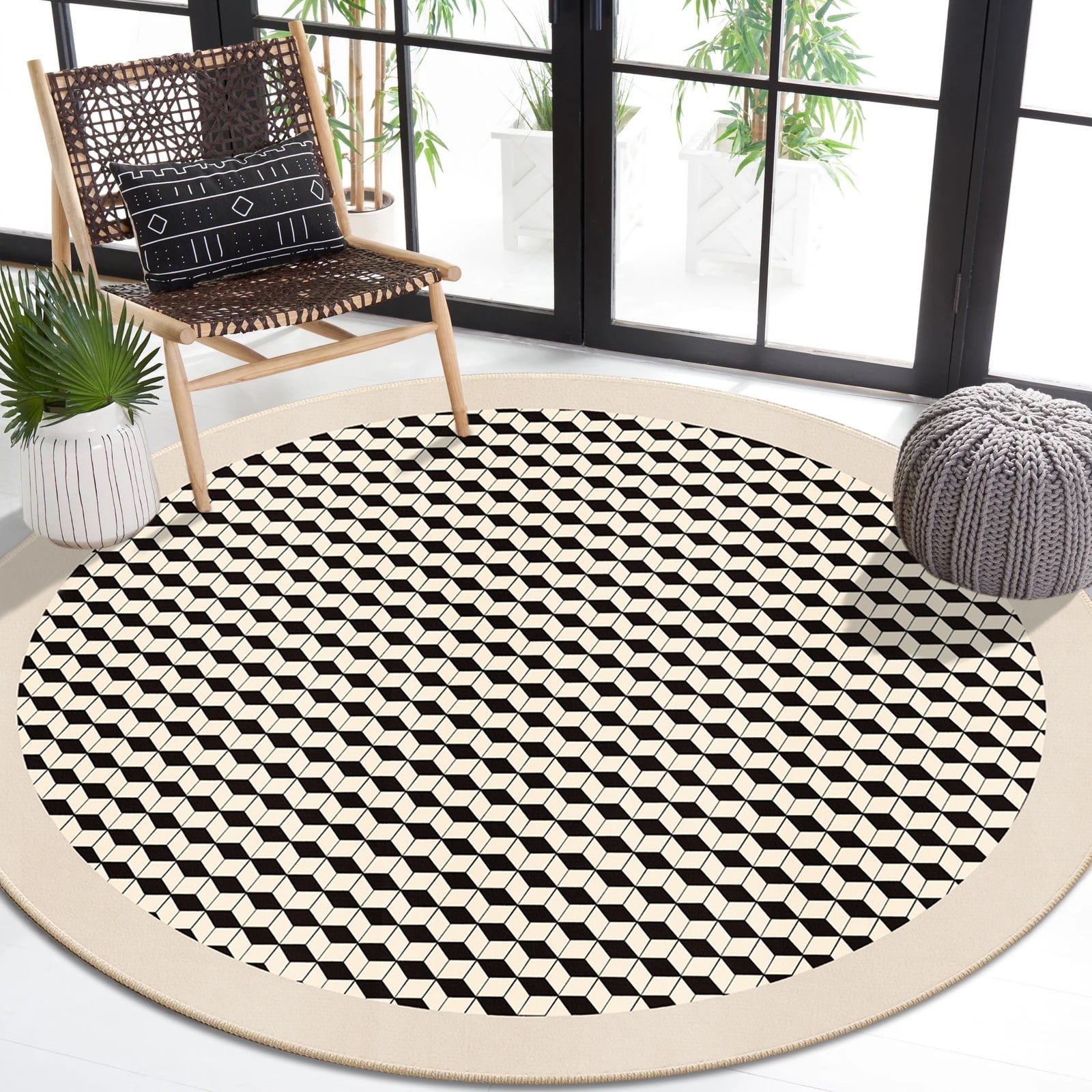 Artnice 5 ft Geometric Cubes Round Rugs, Non-Slip Washable, Low-Pile ...