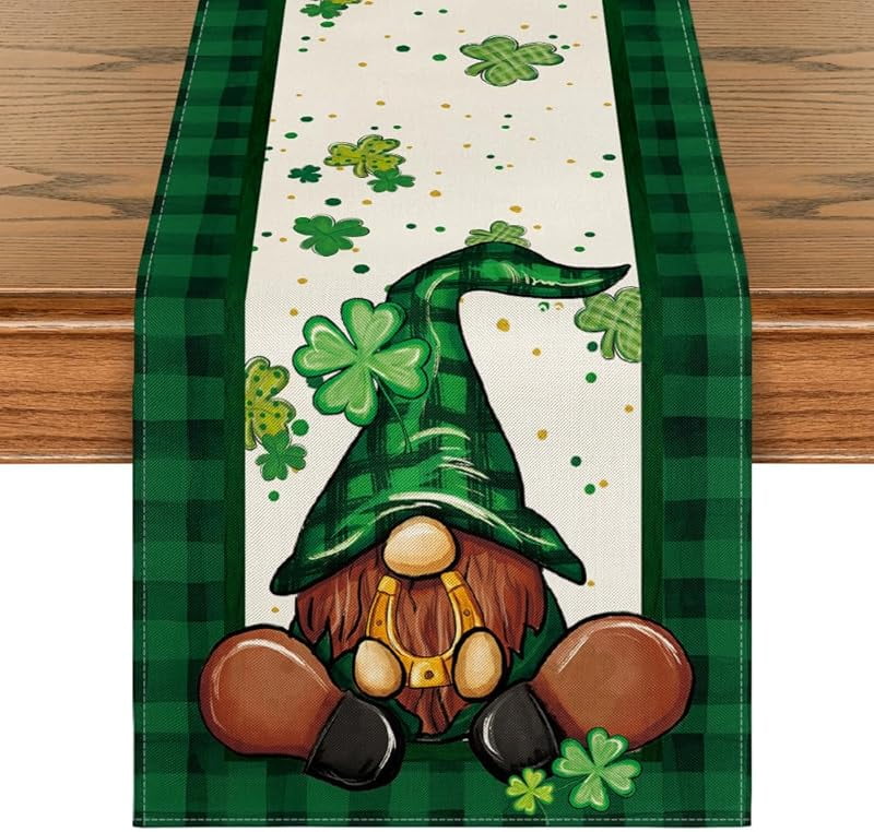 Artoid Mode Buffalo Plaid Shamrock Gnome St. Patrick's Day Table Runner, Seasonal Spring Holiday ...