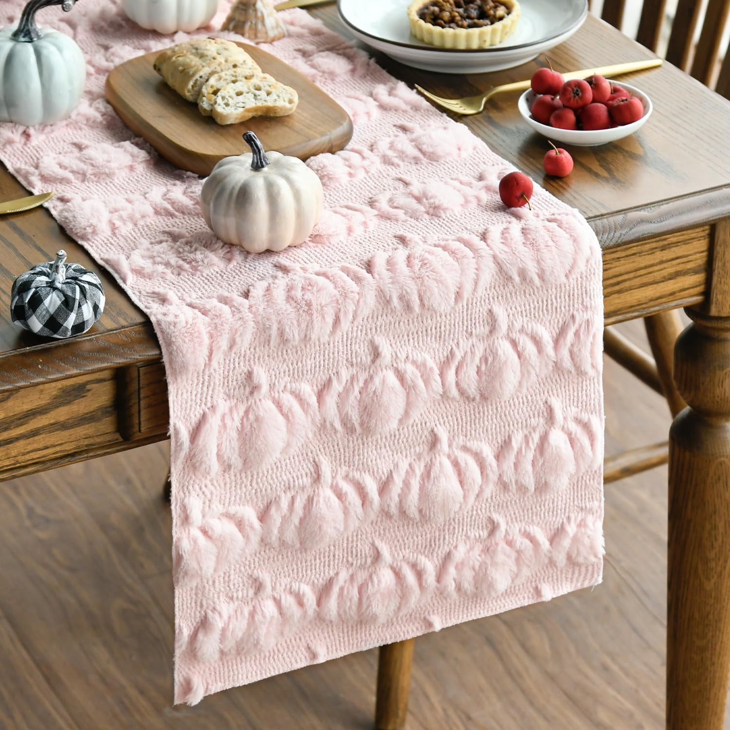 Artoid Mode Pink Soft Plush Faux Fur Jacquard Pumpkins Fall Table ...