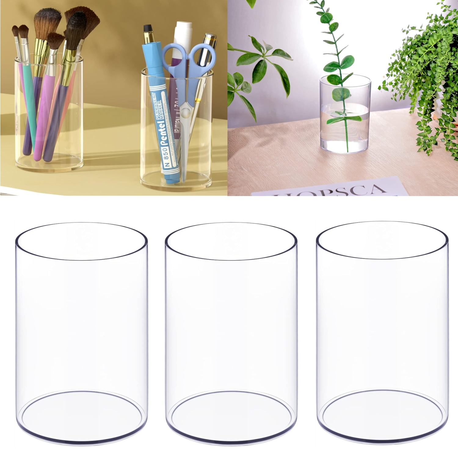Artrylin 3Pcs Acrylic Clear Thick Pencil Cup,Pen Holders,Round Makeup ...
