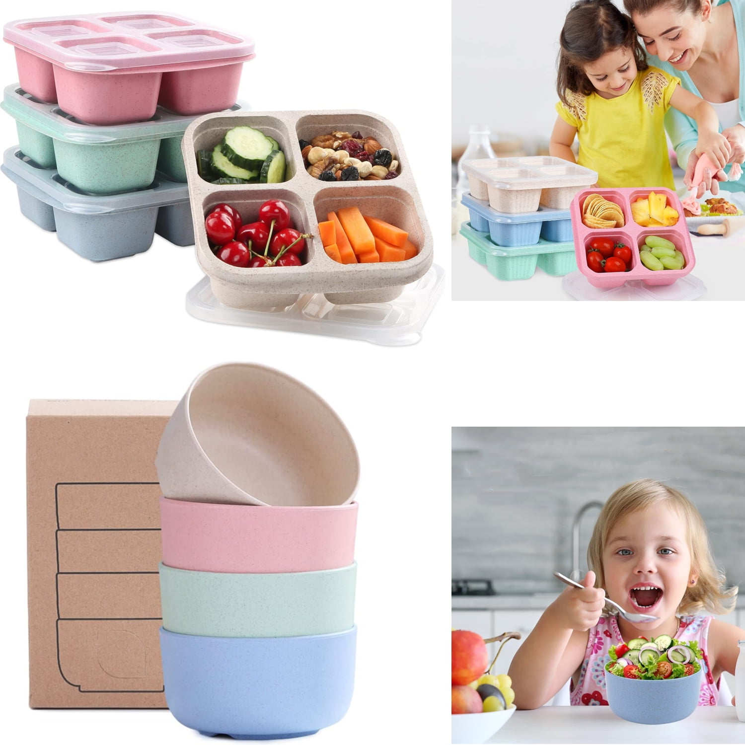 Artrylin 4 Pack 4 Compartments Bento Snack Containers Box & Wheat Straw ...