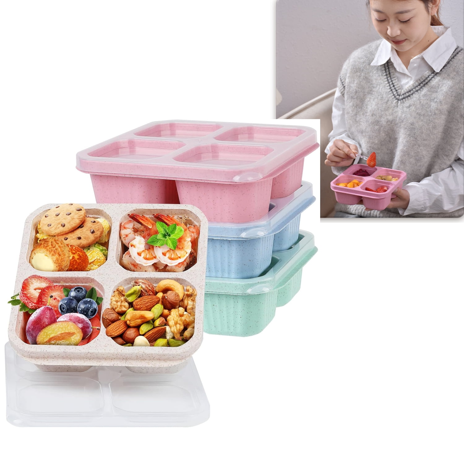 Artrylin 4 Pack Bento Snack Containers Set，Wheat Straw Meal Prep Lunch ...