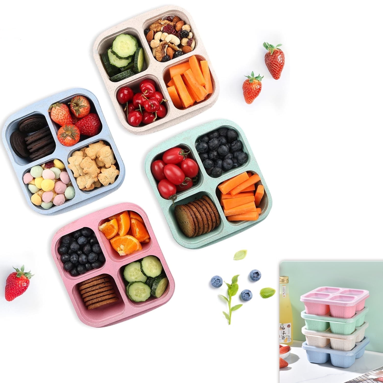 Artrylin 4 Pack Snack Containers, Plastic 4 Compartments Bento Snack ...