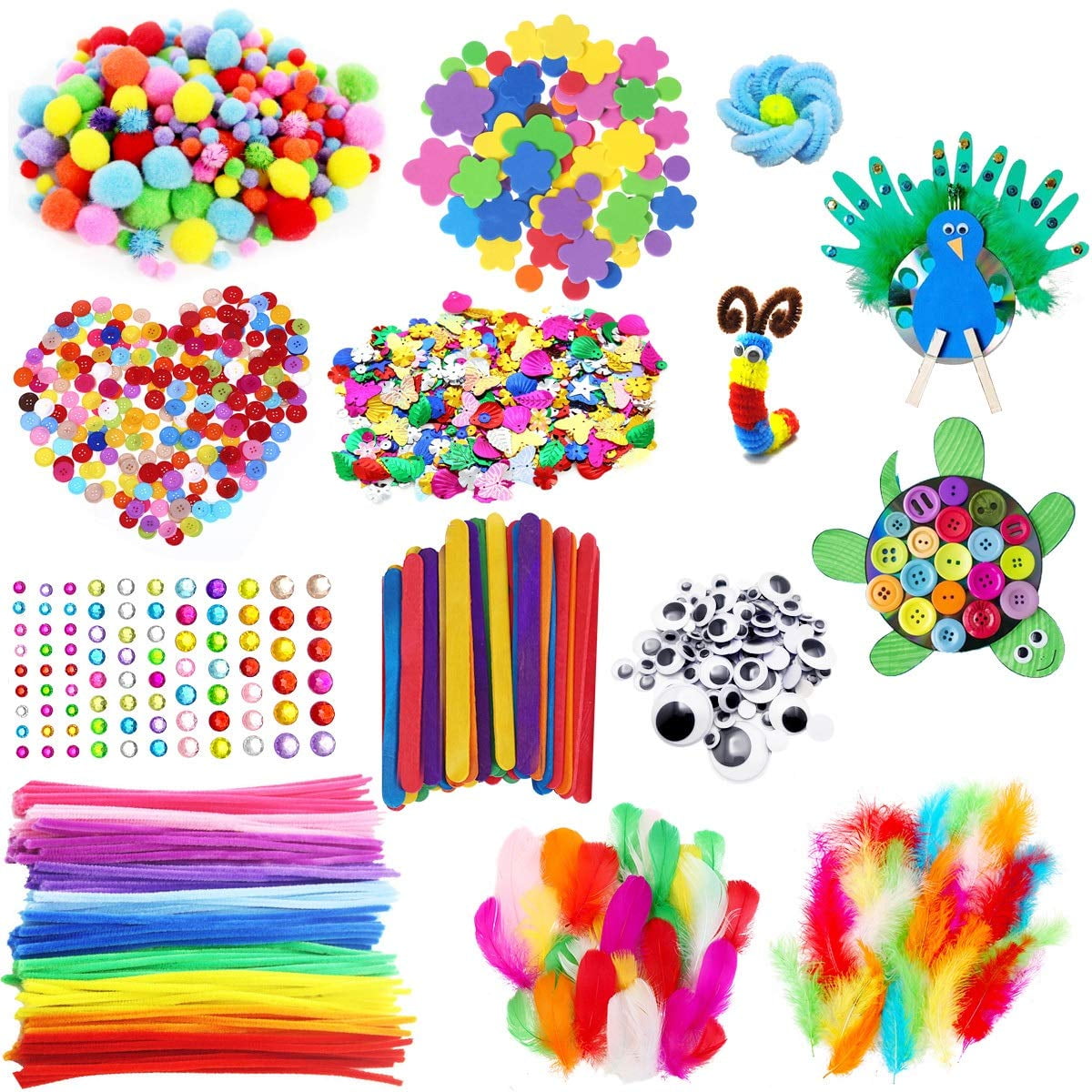 Arts and Crafts Supplies for Kids Including Feathers, Pipe Cleaners, Wiggle Googly Eyes, Pom ...