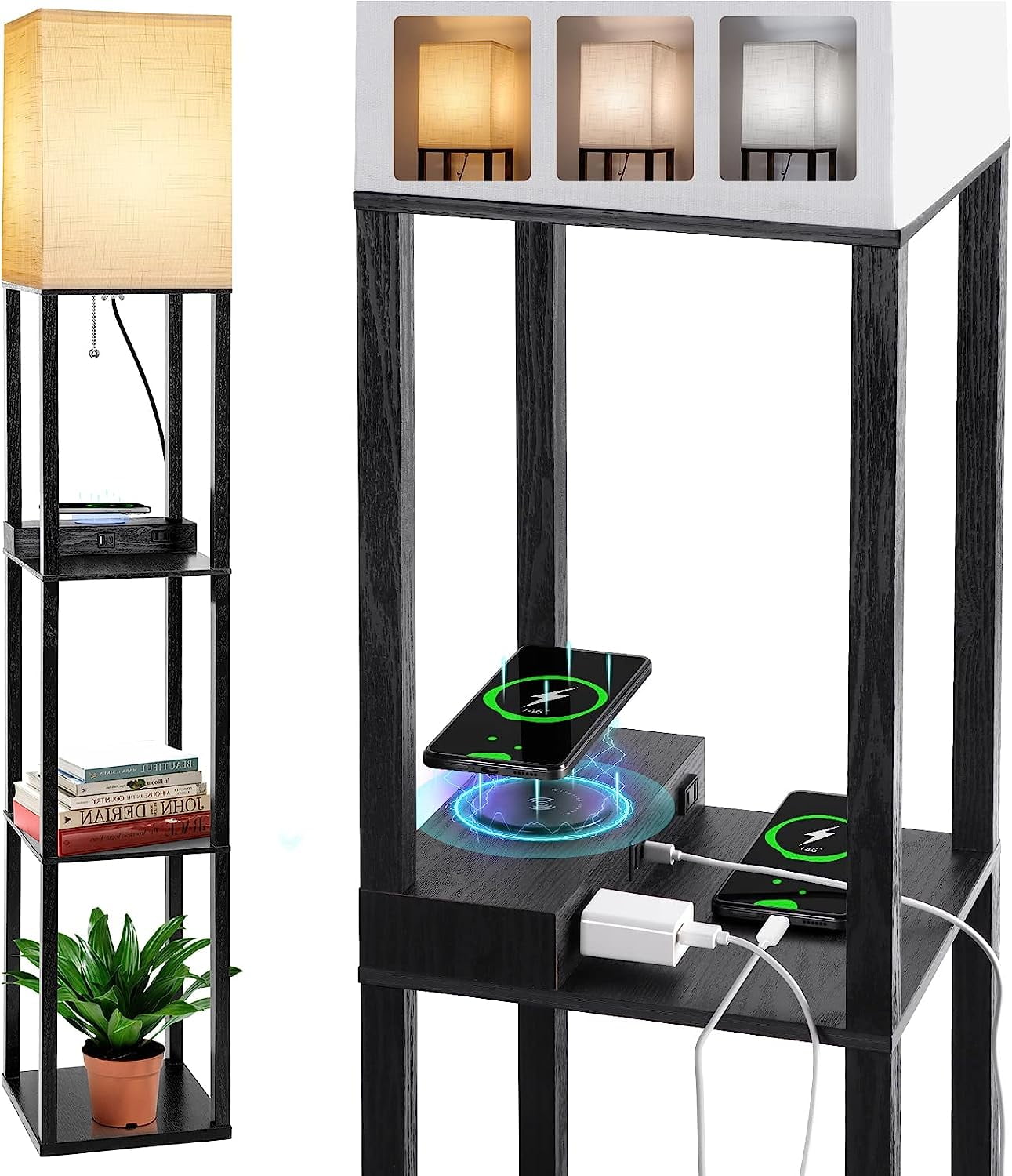 Arts Floor Lamp with Shelves, Shelf Lamp with Wireless Charger & USB A ...