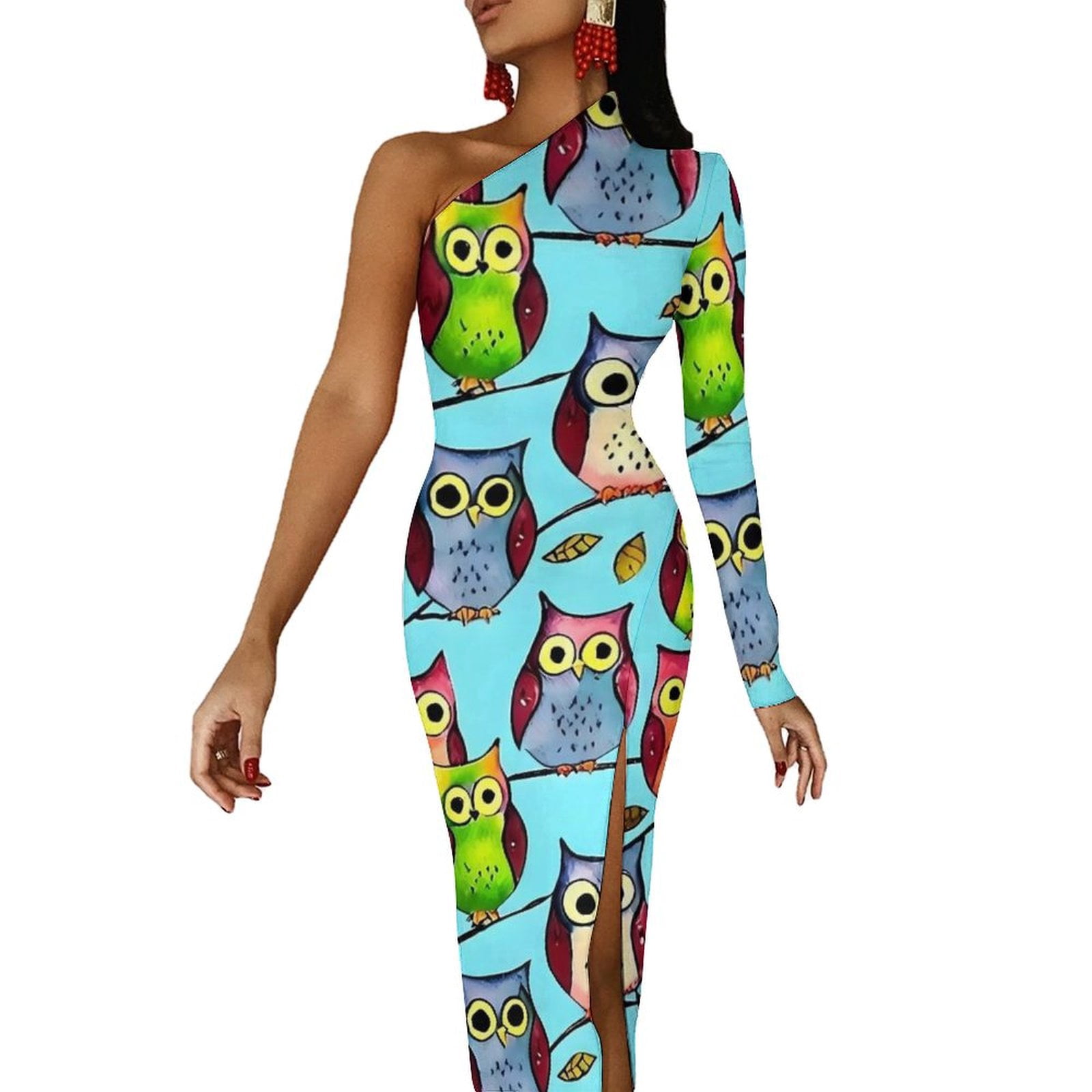 Artsy Bold Owl Bodycon Dress Spring Animal Print Retro Side Split Long ...