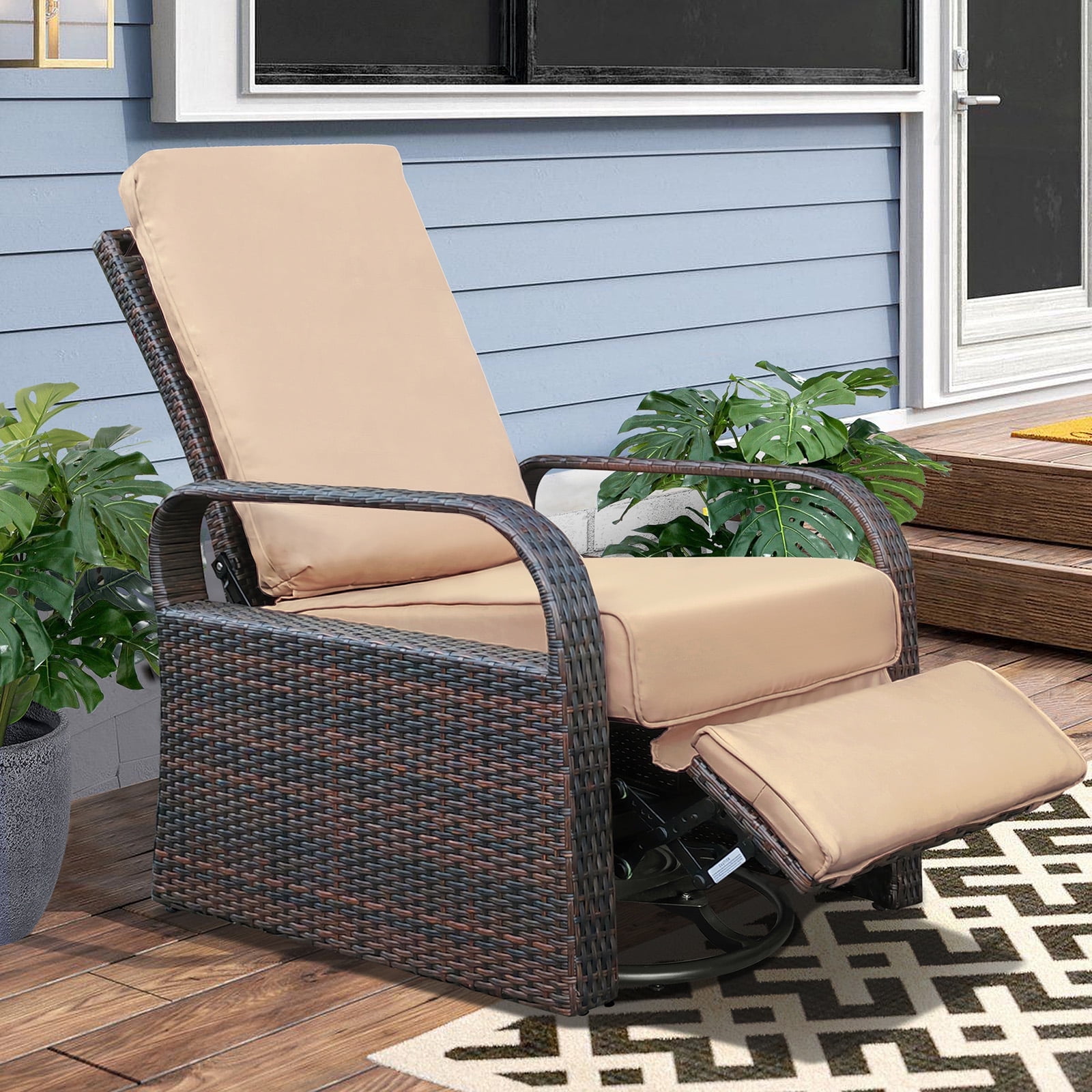 ATR ART to REAL 360A Degree Swivel Outdoor Wicker Recliner Chair Adjustable Rattan Reclining Chair with Cushion Khaki Walmart Business Supplies