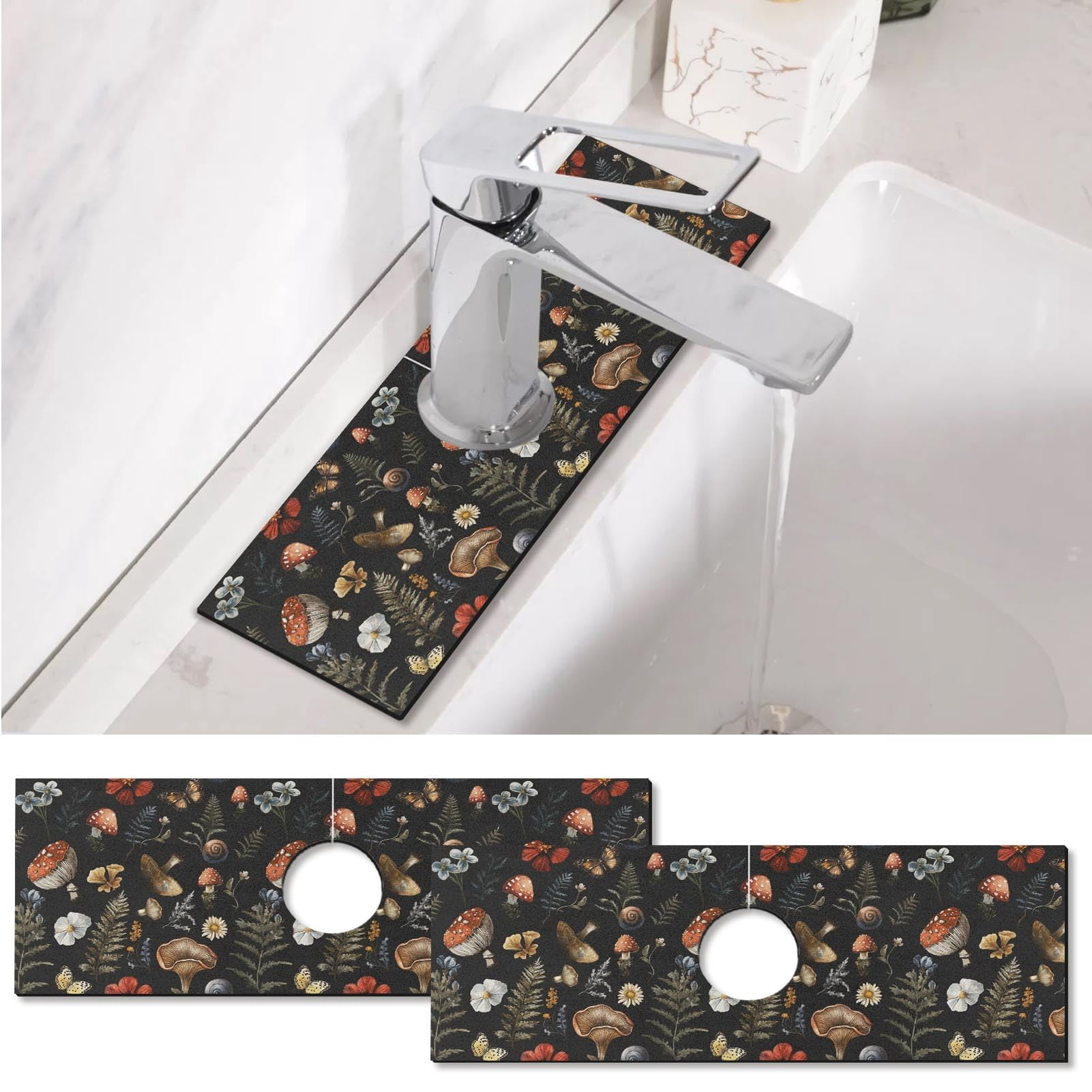 Arttown Retro Mushrooms Faucet Absorbent Mat Set (2Pcs) | Draining Drip ...