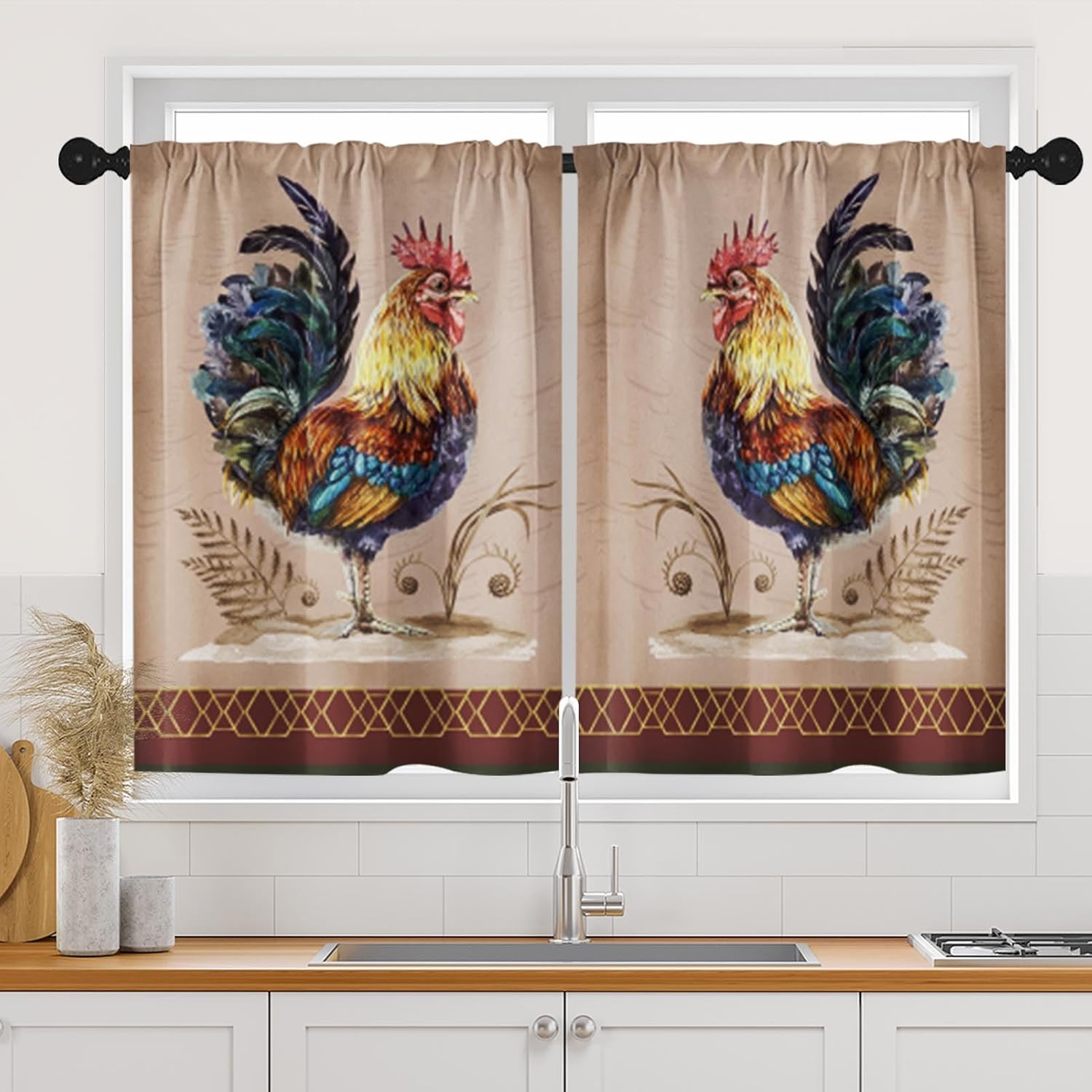 Arttown Rooster Vintage Retro Kitchen Curtains, Farm Chicken Bird Short ...