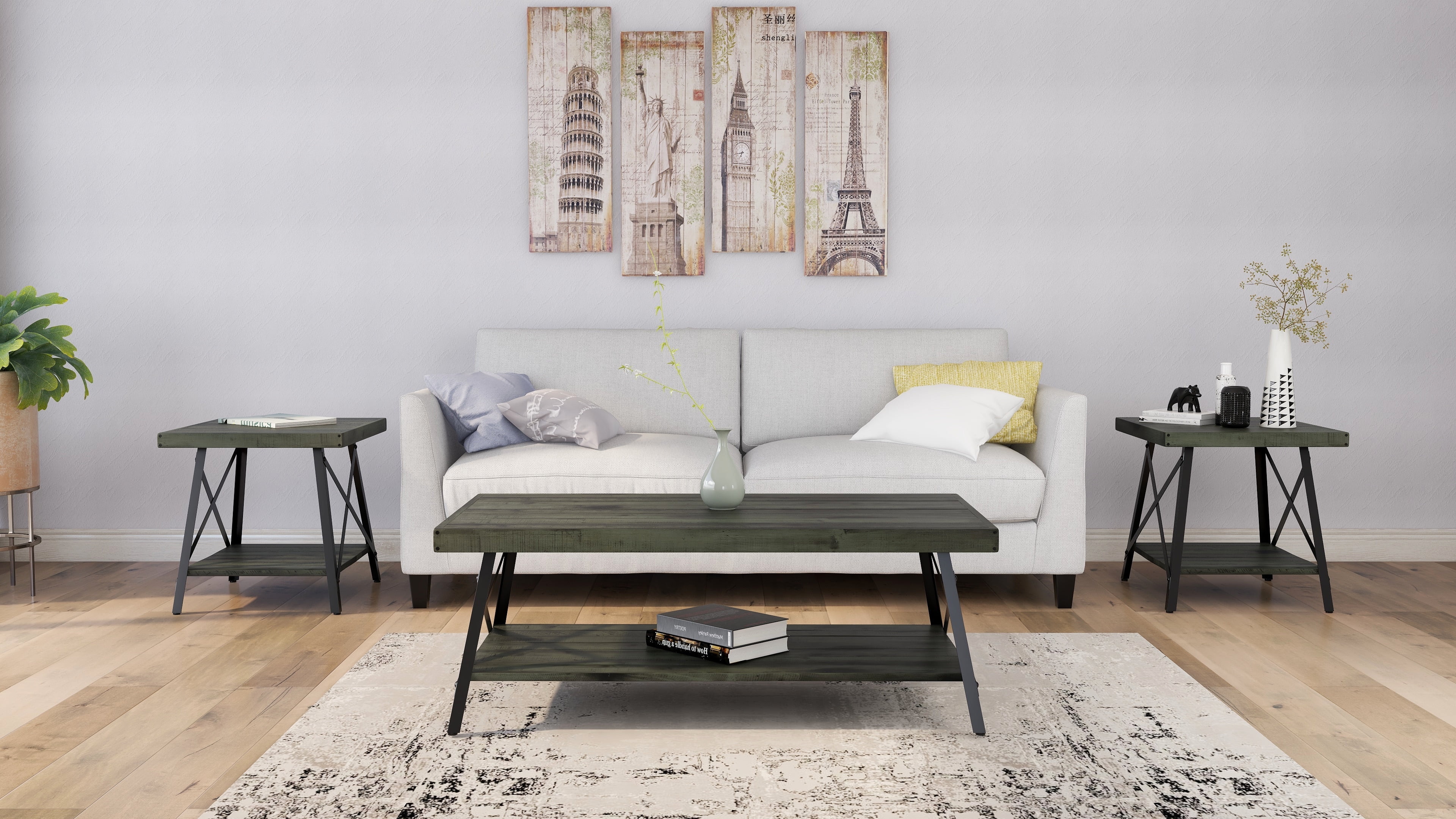 Artum Hill Hudson Antique Gray 24" Square End Table with Shelf and X ...