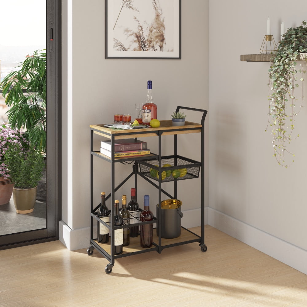 Artum Hill Theo Brown Wood and Black Metal Frame Folding Bar Cart with ...