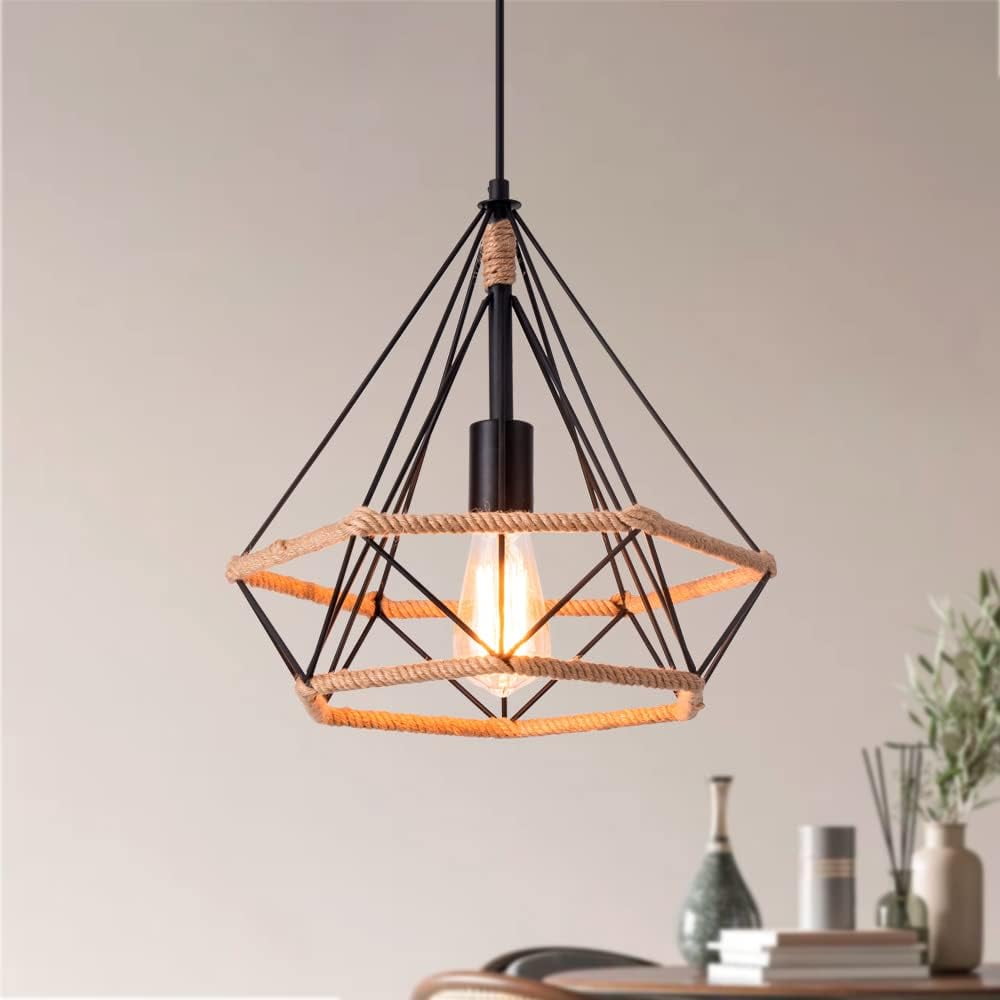 Arturesthome 1-Light 14" Farmhouse Hemp Rope Pendant Light Geometric ...
