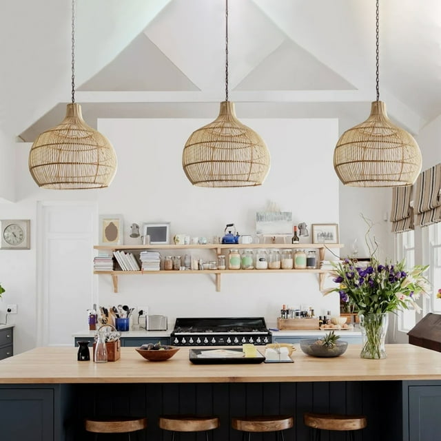 Arturesthome Boho Home Decor Kitchen Island Rattan Bamboo Pendant Light Basket Weave Linear ...