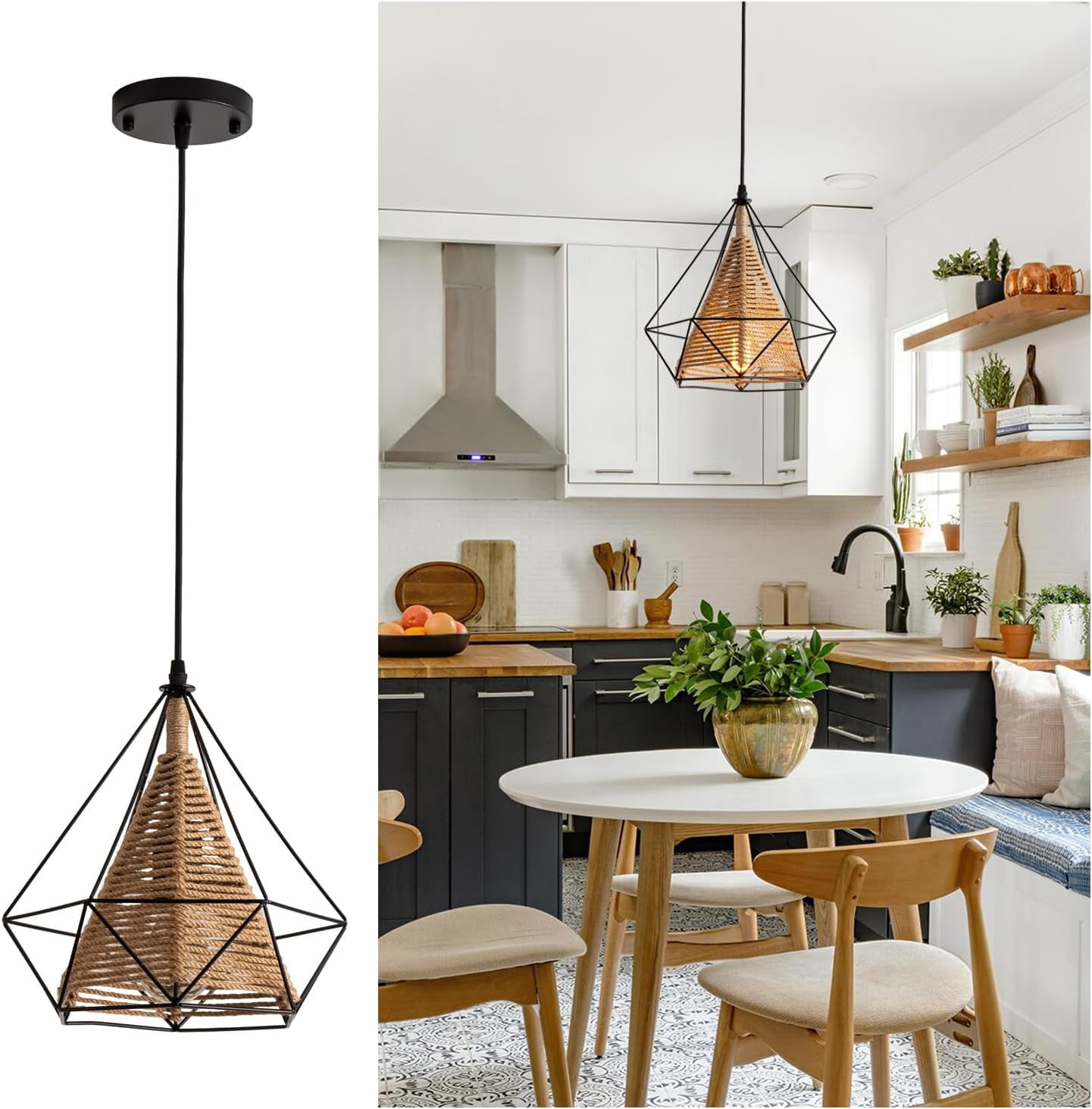 Arturesthome Farmhouse Black Cage Pendant Light, Vintage Hemp Rope ...