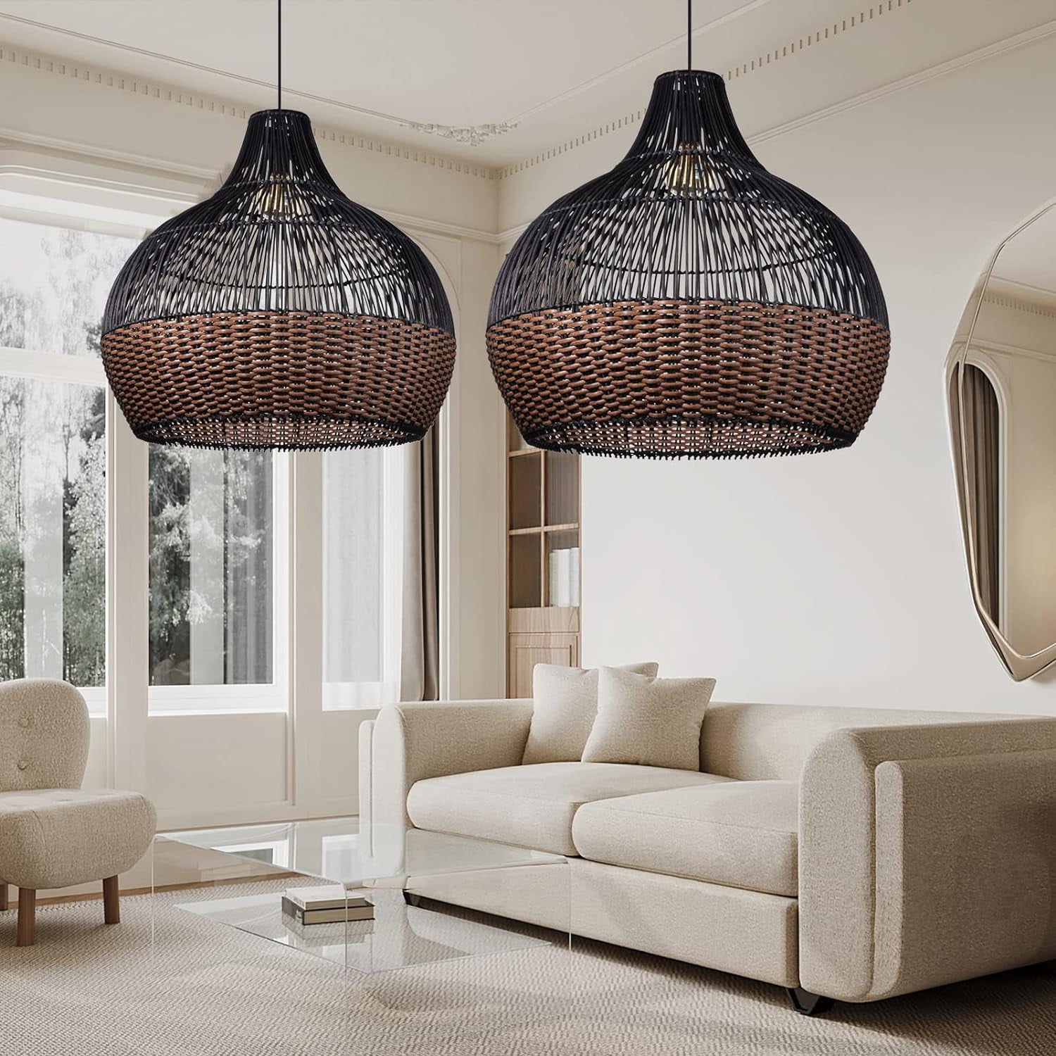 Arturesthome Rattan Pendant Light Fixtures, Wicker Boho Black Basket ...