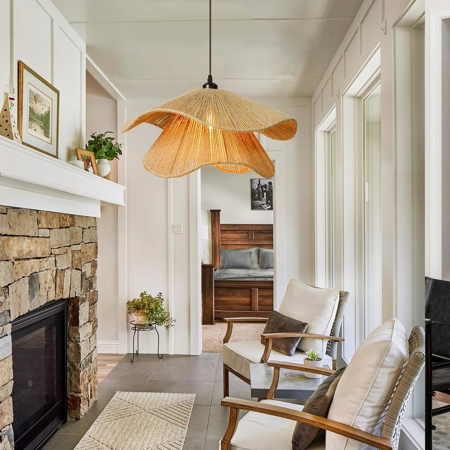 Arturesthome Rustic Pendant Light Fixture, Woven Jute Rope Lampshade ...