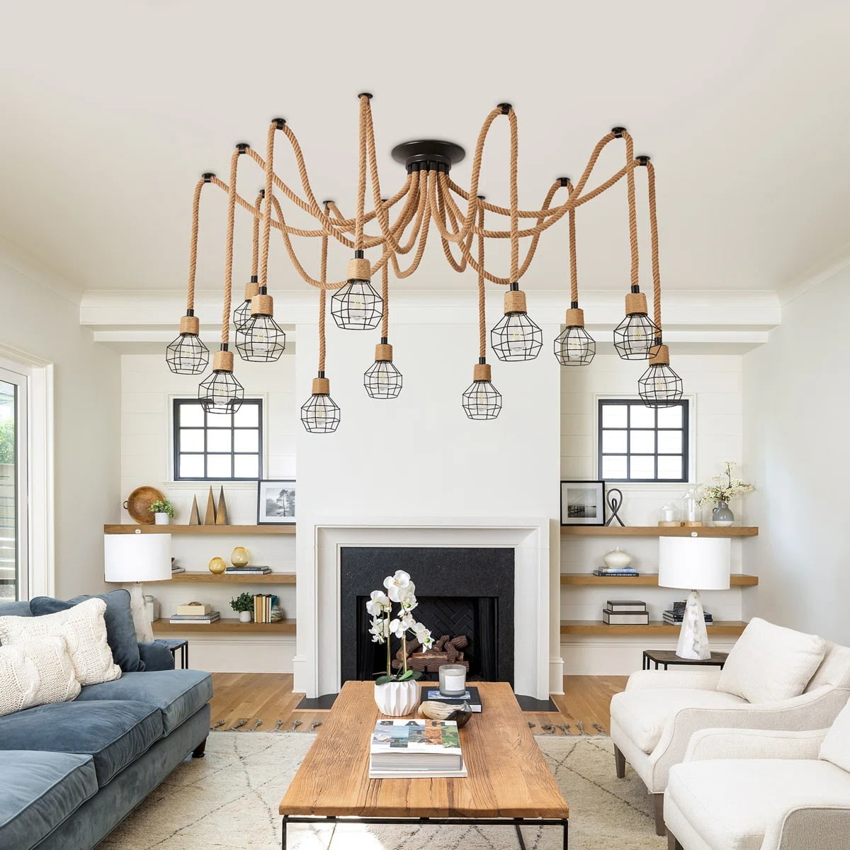 Arturesthome Spherical Cage Rope 6-Lights Brown Pendant Lighting ...