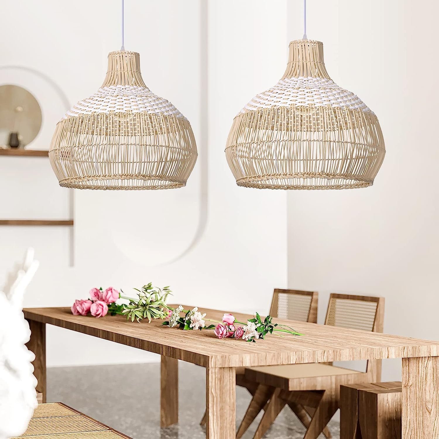 arturesthome White Rattan Pendant Light, Wicker Chandelier, Handmade ...