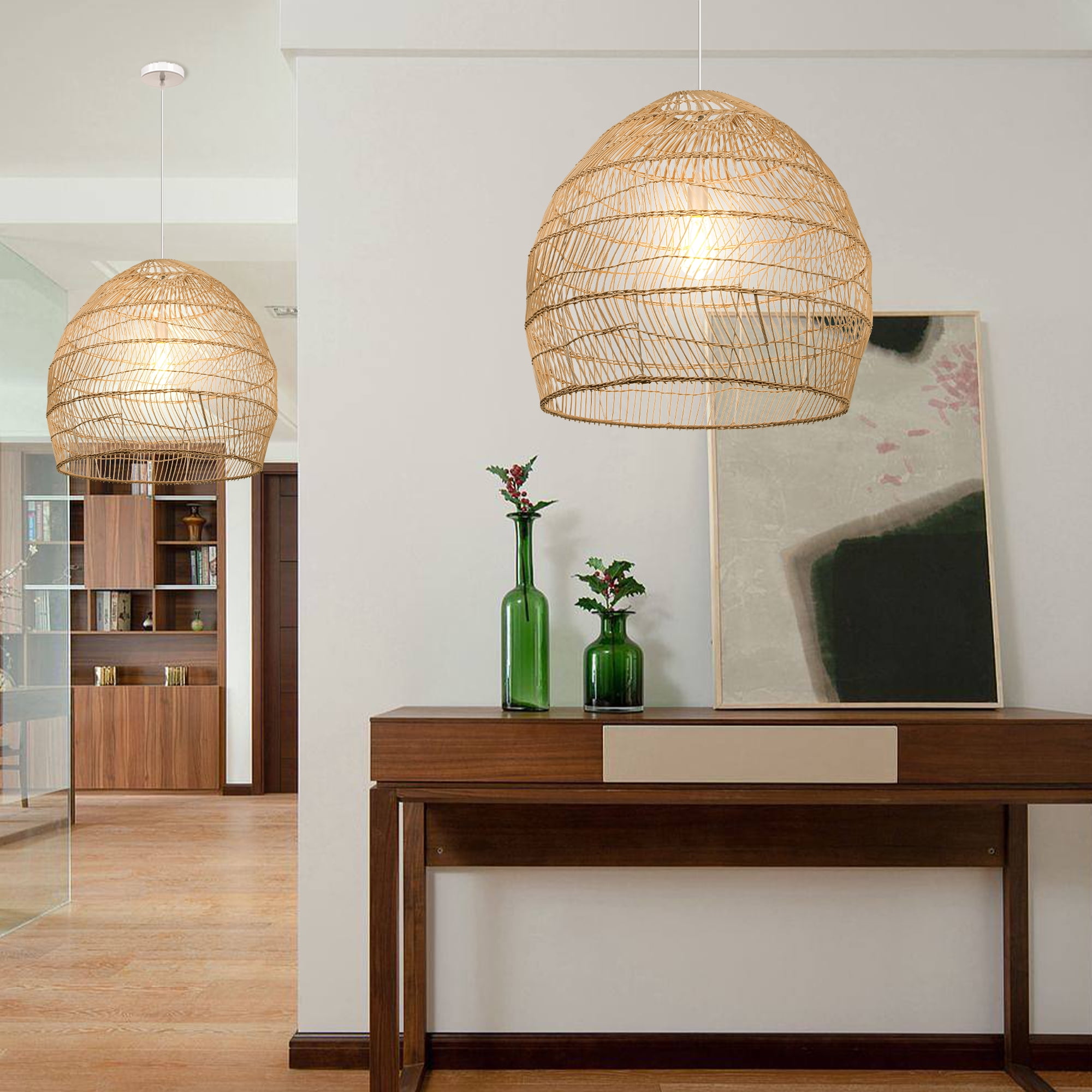 Arturesthome Wood Basket Pendant Lights Rattan Hardwired Lamp 23.6" 1 ...