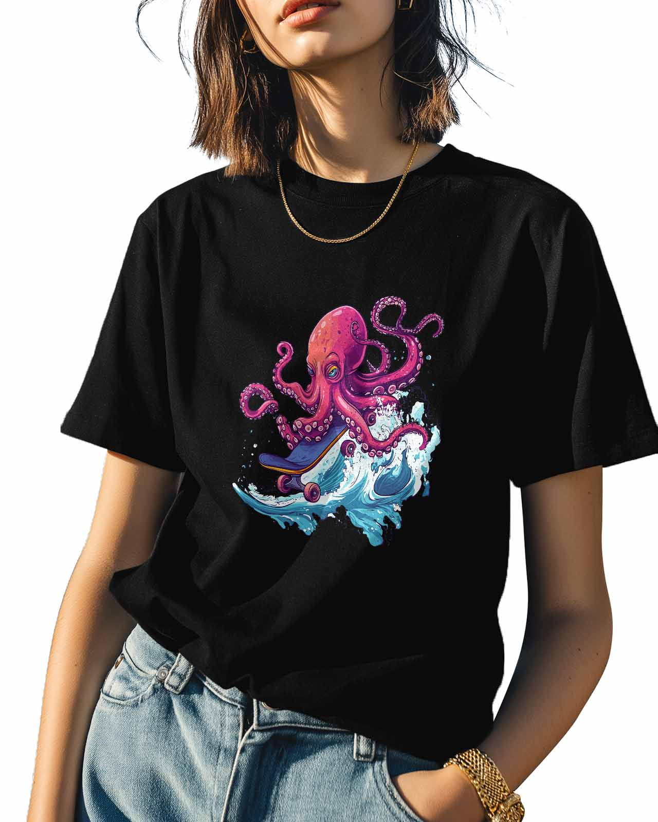Artwork Octopus Surfing T Shirts for Women, Short Sleeve Casual Summer ...