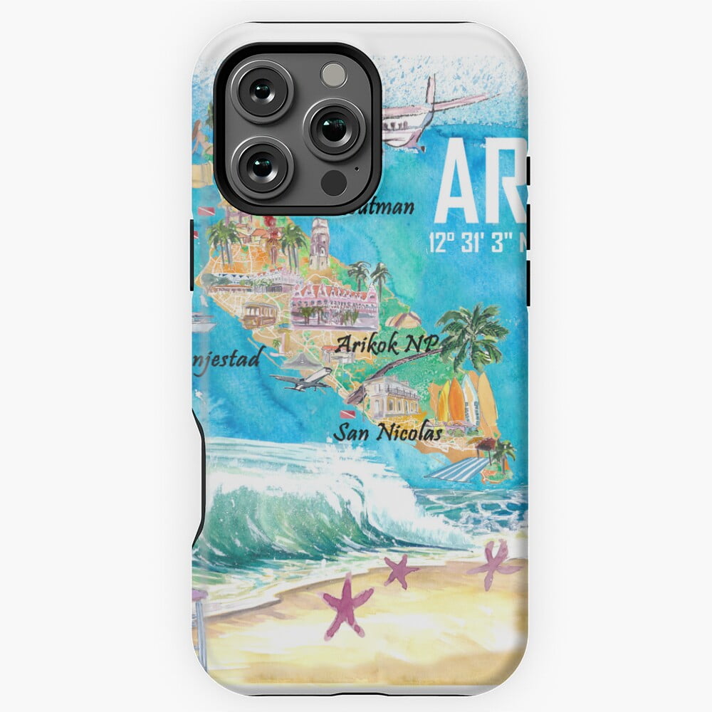 Aruba Caribbean Travel Map Phone Case for iPhone 16 15 14 13 12 11 Pro ...