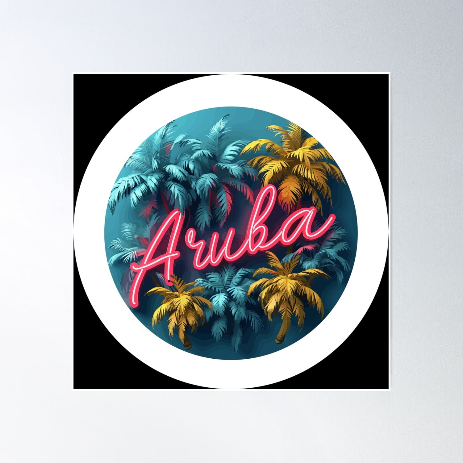 Aruba (With White Border And Neon Lettering) Poster Wall Art, Modern ...