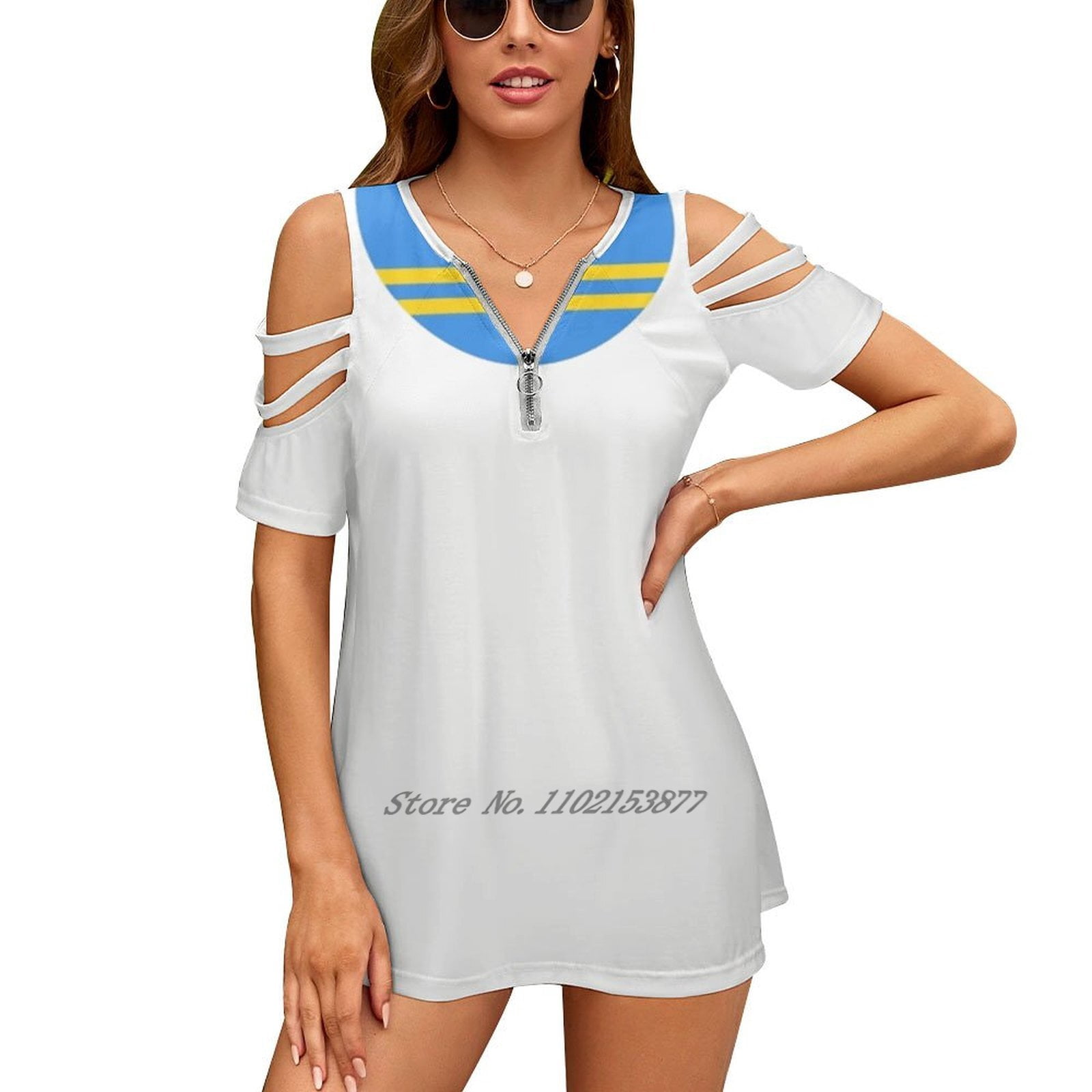Aruba Women V Neck T-Shirt Casual Sexy T Shirts Hollow Out Zipper ...
