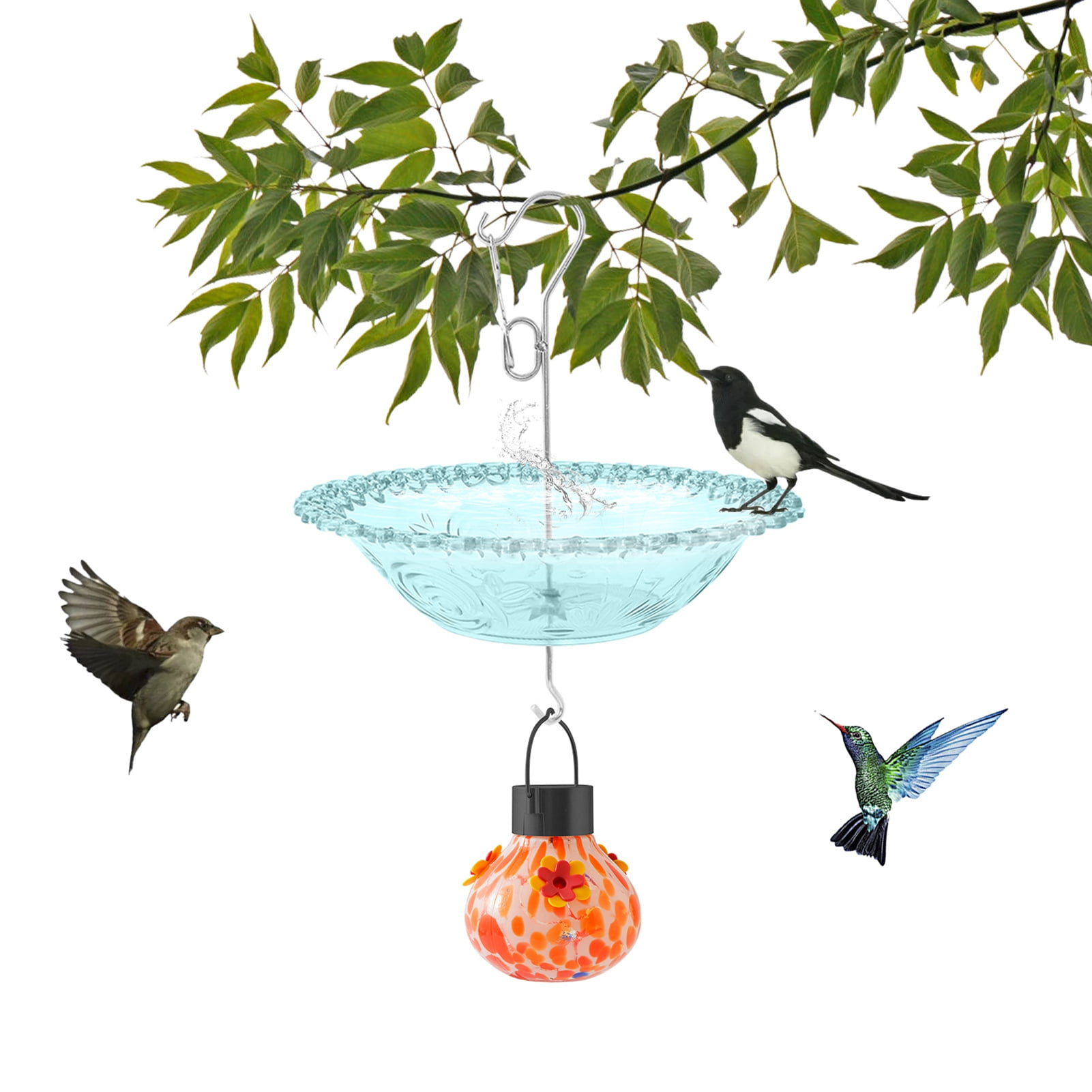 Aruwei Hanging Bird Bath Solar Hummingbird Feeder Bird Bath Bowl with ...