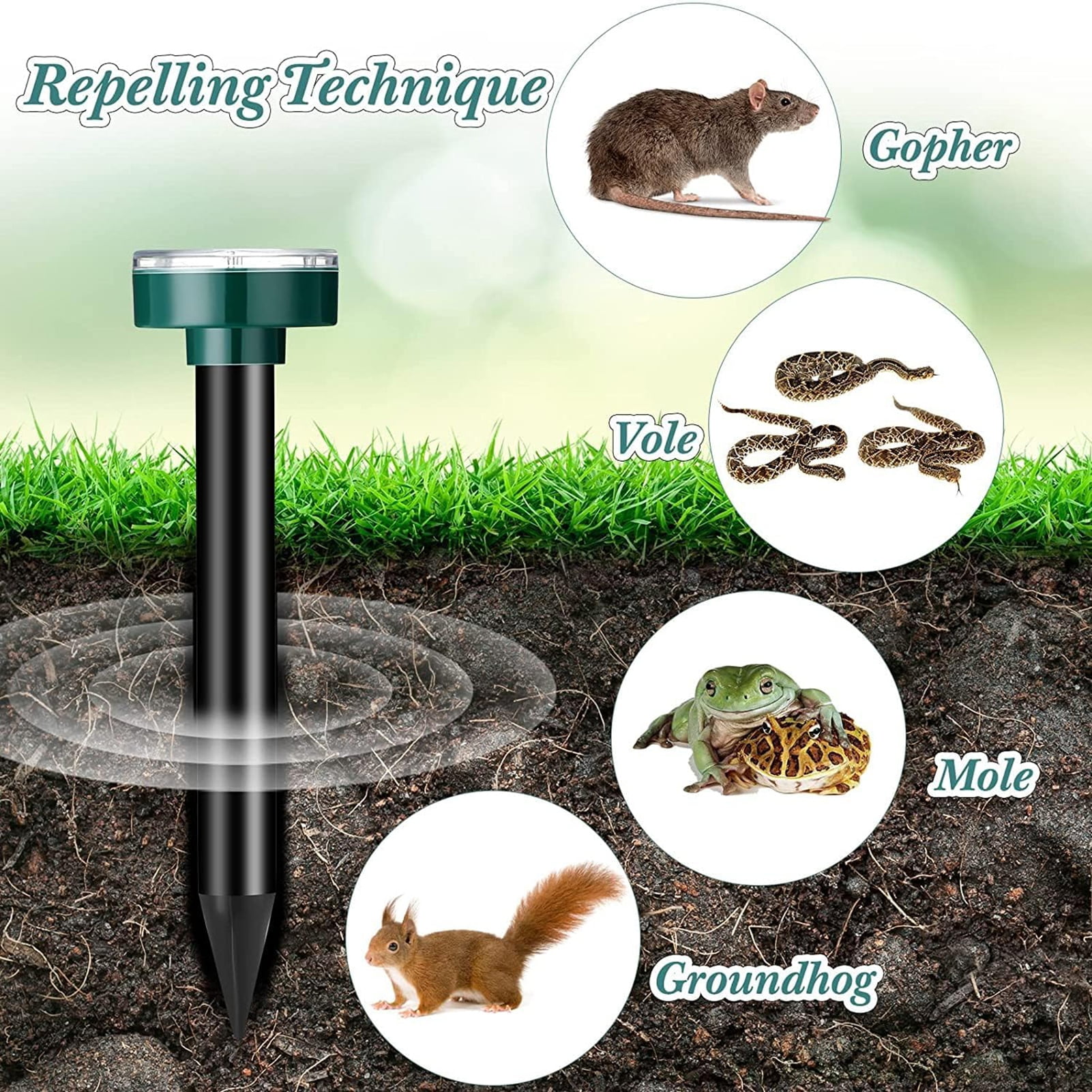 Aruwei Solar Mole Repellent Yard Solar Powered Ultrasonic Gopher ...