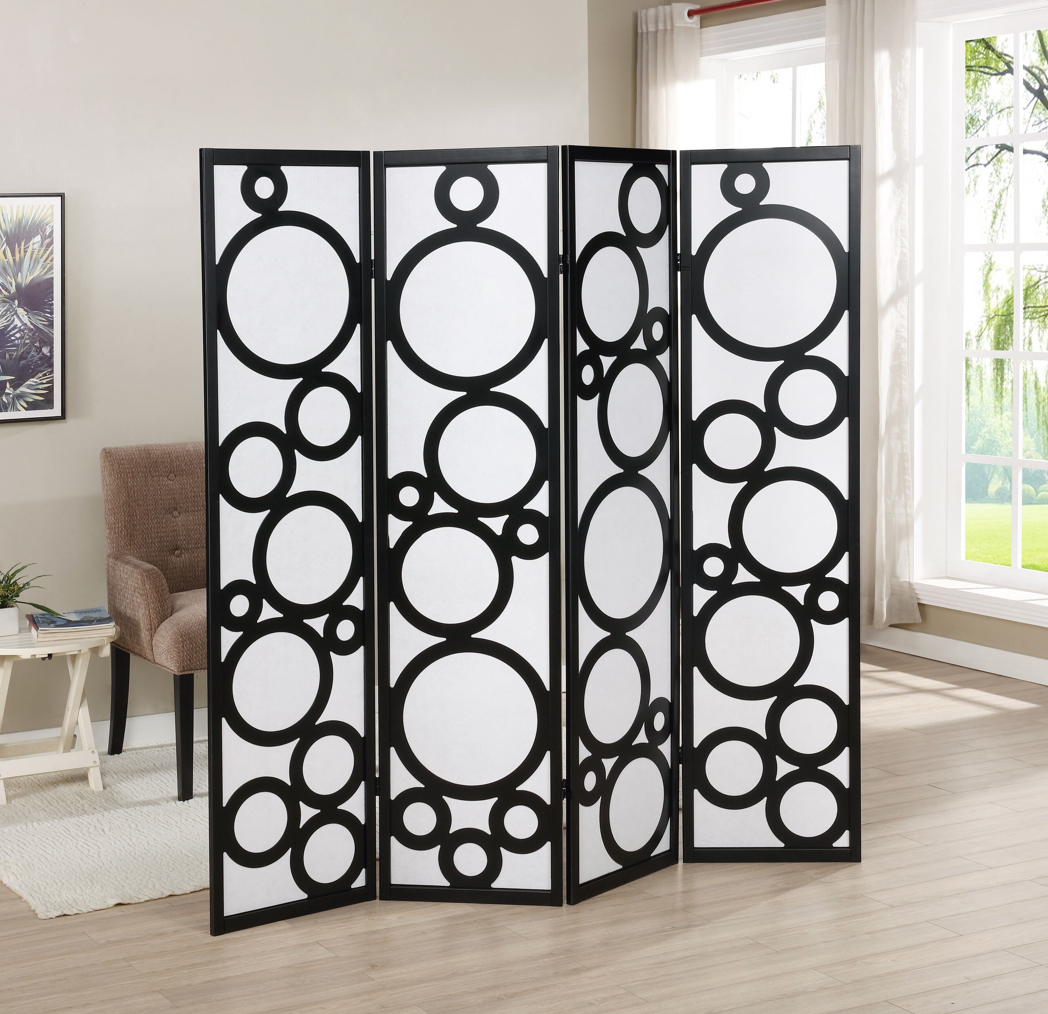 Arvada 4-Panel Room Divider with Circle Pattern, Black - Freestanding ...