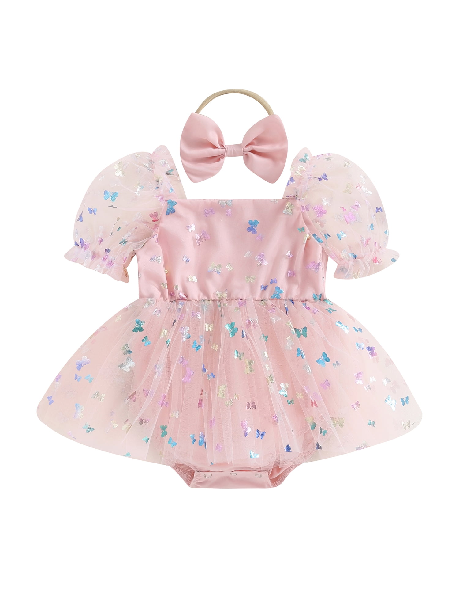 Arvbitana Baby Girls Short Puff Sleeve Romper/Dress Square Neck Butterfly Pattern Tulle Skirt ...