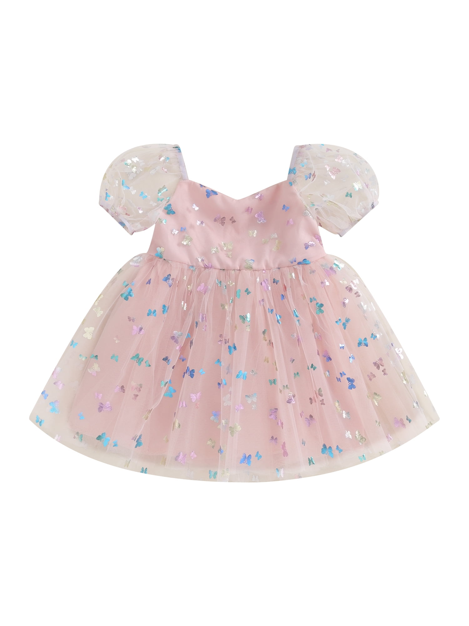 Arvbitana Baby Girls Short Puff Sleeve Romper/Dress Square Neck Butterfly Pattern Tulle Skirt ...