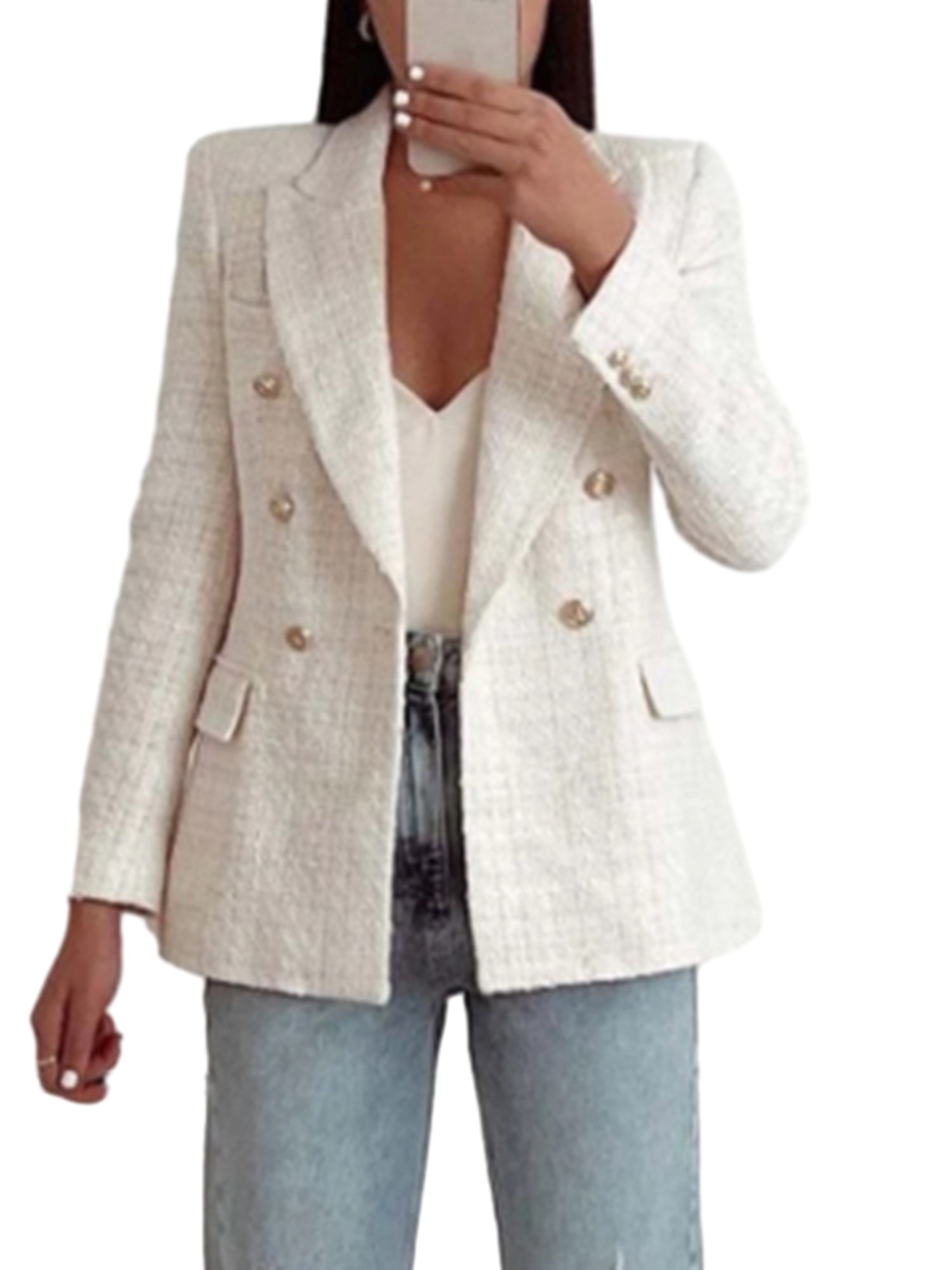 Arvbitana Women Long Sleeve Blazers Double Breasted Tweed Business ...