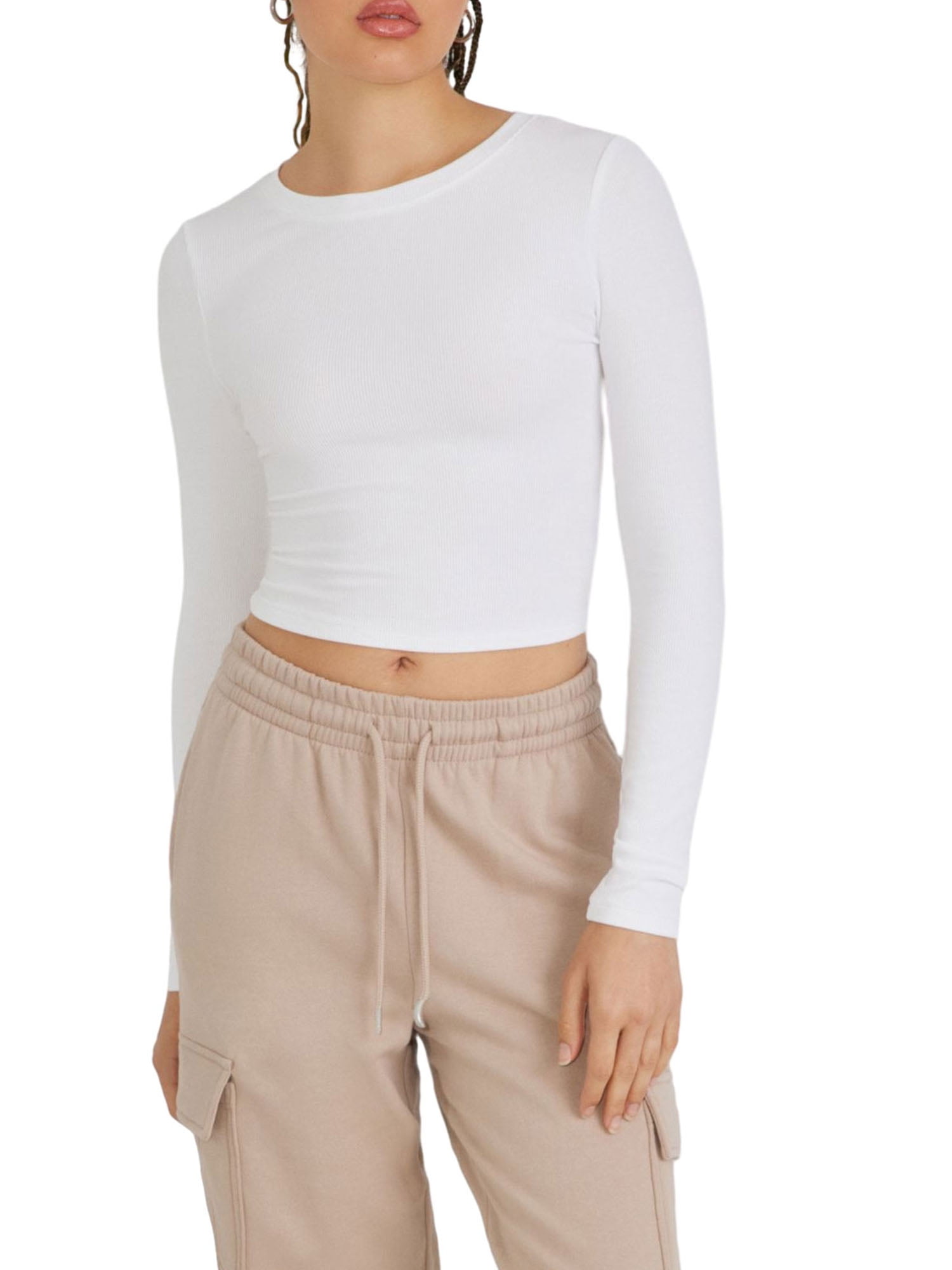 Arvbitana Women's Basic Pullover Slim Cropped Tops Solid Color Long ...