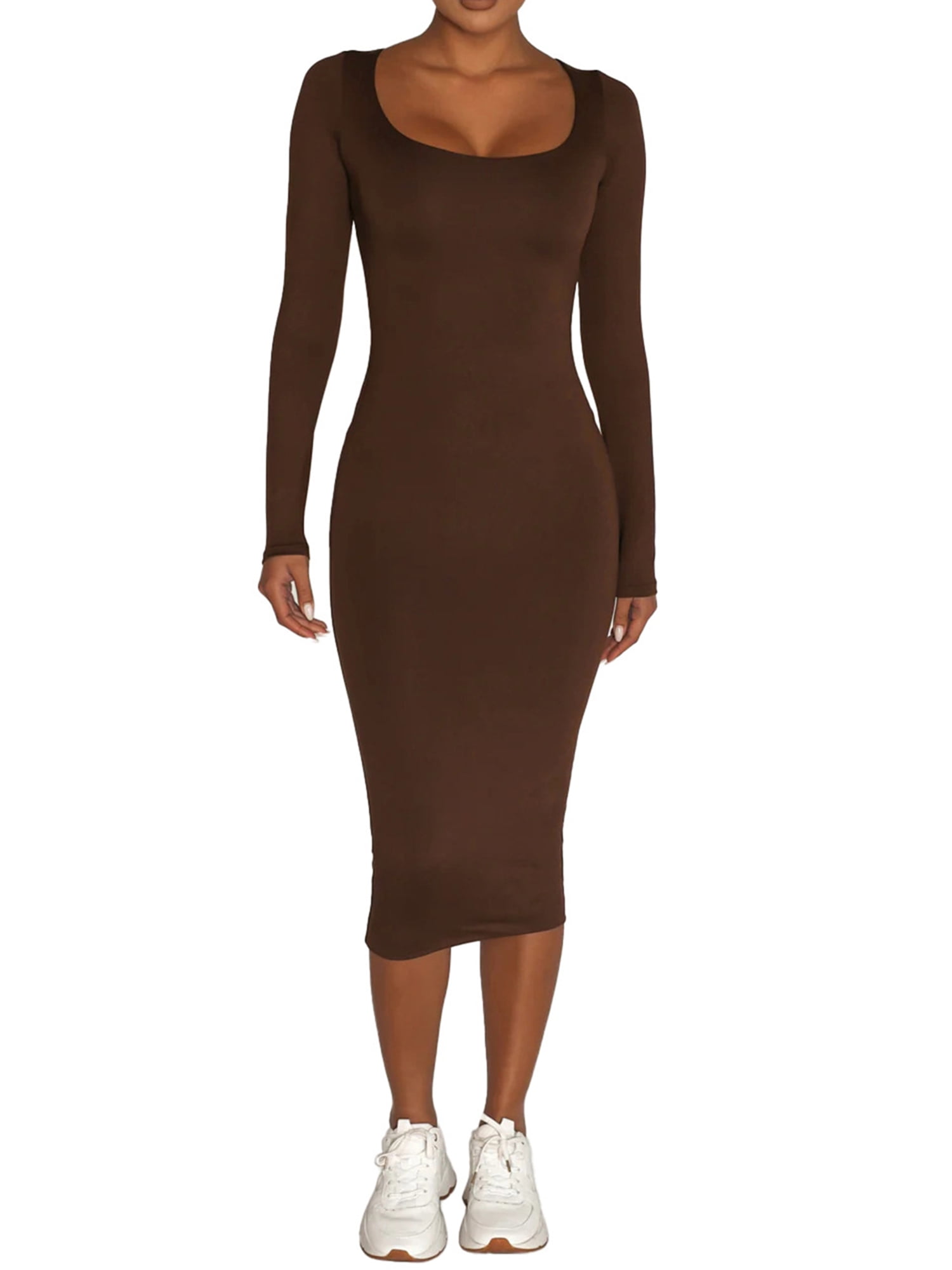 Arvbitana Women's Bodycon Long Dress Solid Color Long Sleeve Slim Midi ...