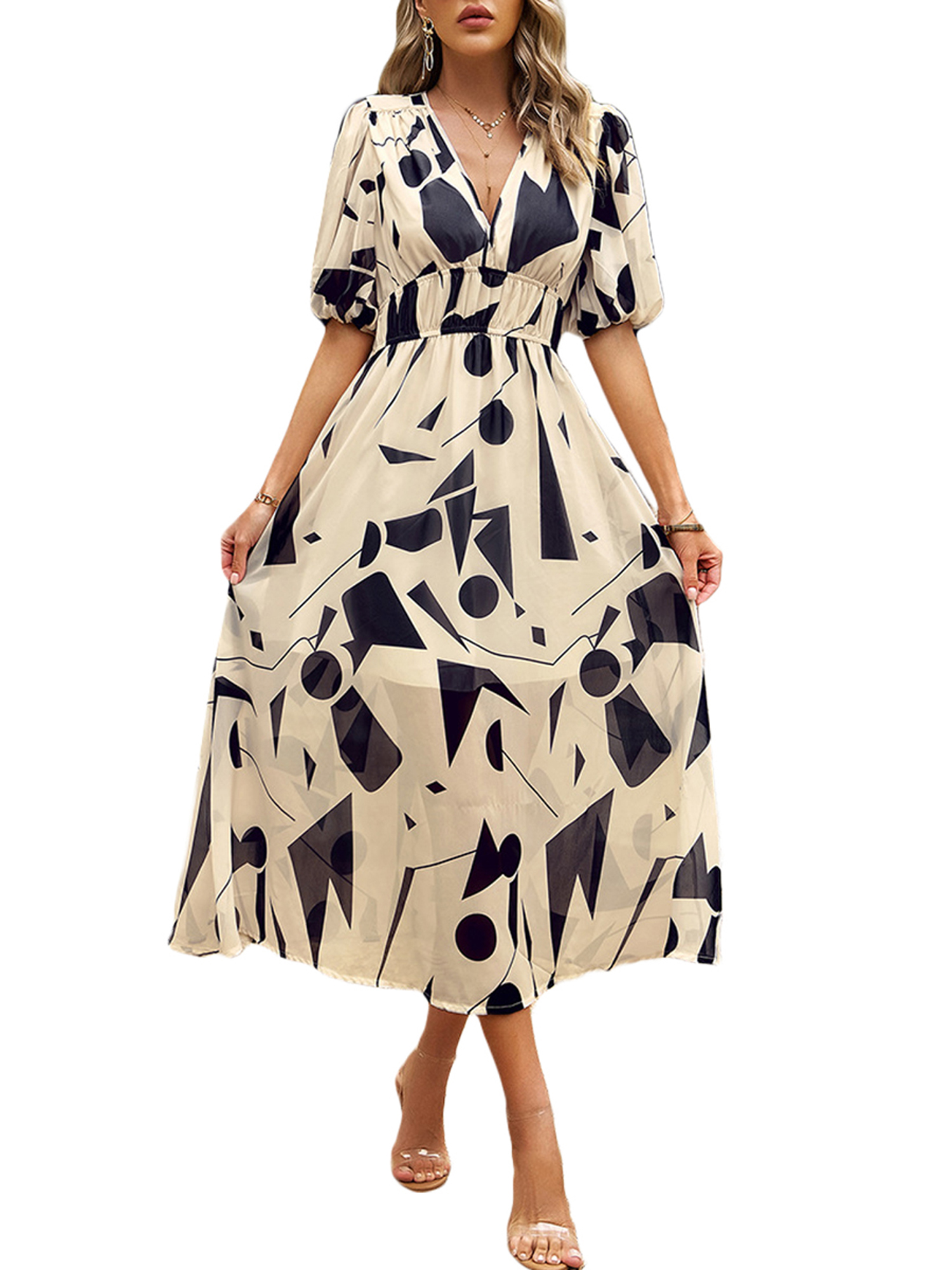 Arvbitana Women's Bohemian Long Dress Deep V-neck Short Sleeve Pattern ...