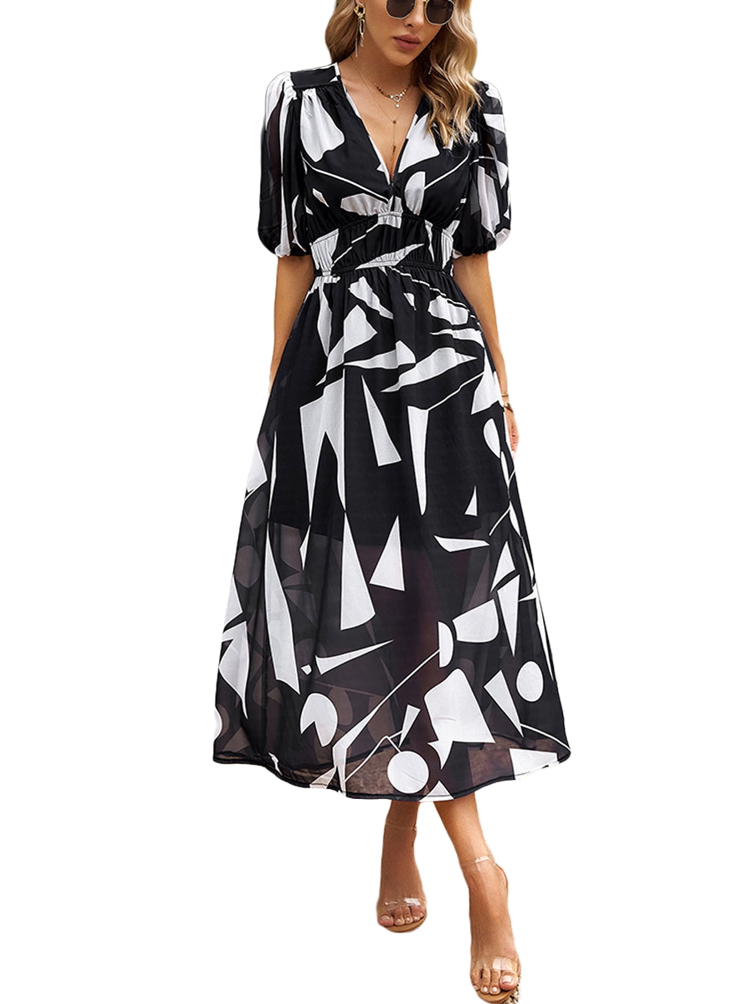 Arvbitana Women's Bohemian Long Dress Deep V-neck Short Sleeve Pattern ...