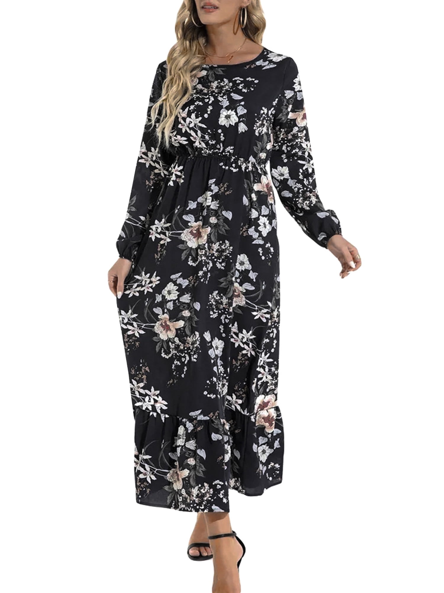 Arvbitana Women's Floral Print Long Dress Crew Neck Long Sleeve Midi A ...