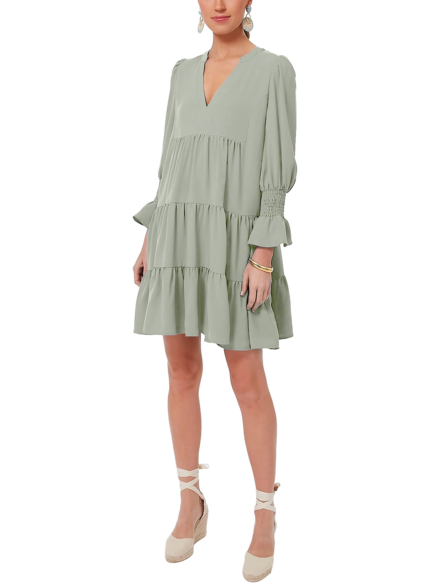 Arvbitana Women's Solid Color Mini Dress Long Sleeve V-neck Pleated ...