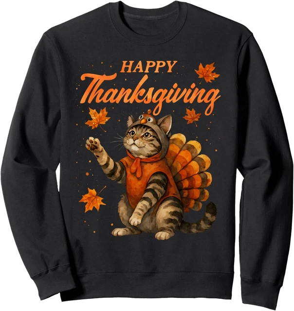 Arvy Turkey Happy Thanksgiving Fall Meow Cat Lover Unisex Crewneck ...