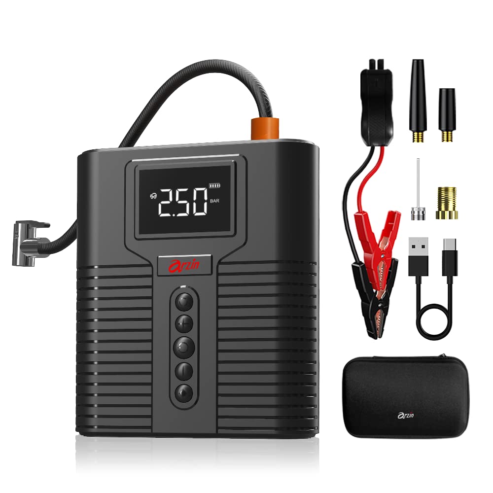 Arzin STP12 1200A Peak Portable Air Compressor with Jump Starter, 12000 ...