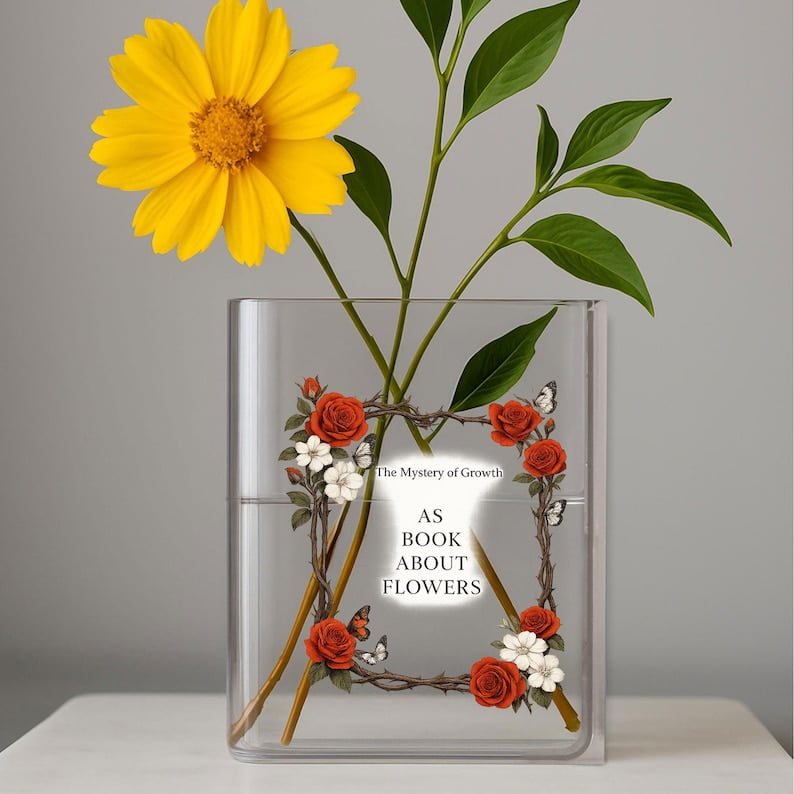 As Book About Flowers – The Mystery of Growth | Acrylic Book Vase with Red Roses & Butterflies ...