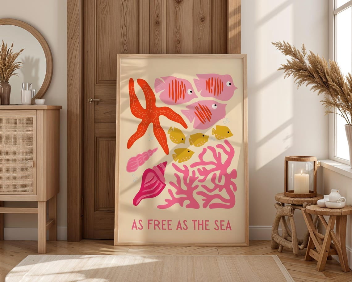 As free as the Sea Whimsical Ocean Pink Orange Coral Nursery Coastal ...