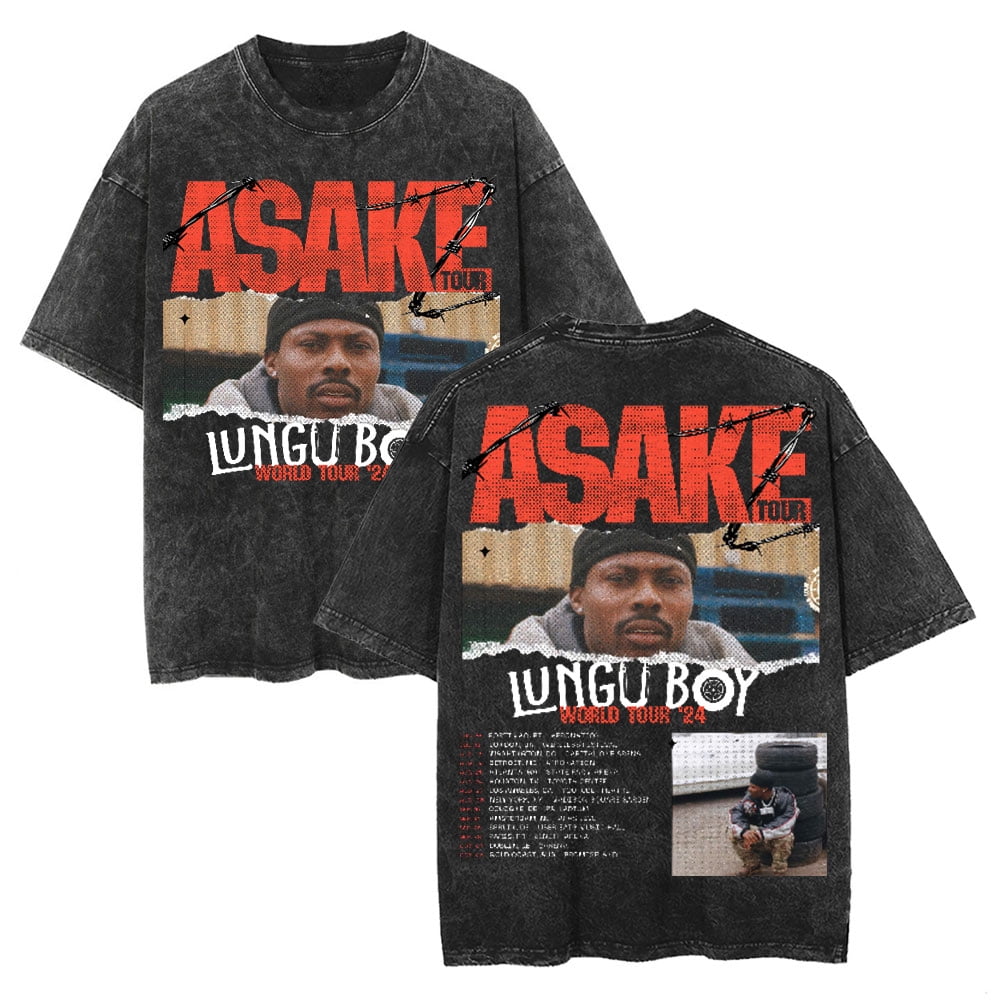 Asake Lungu Boy World Tour 2024 Washed Cotton T-shirt Fashion Short ...