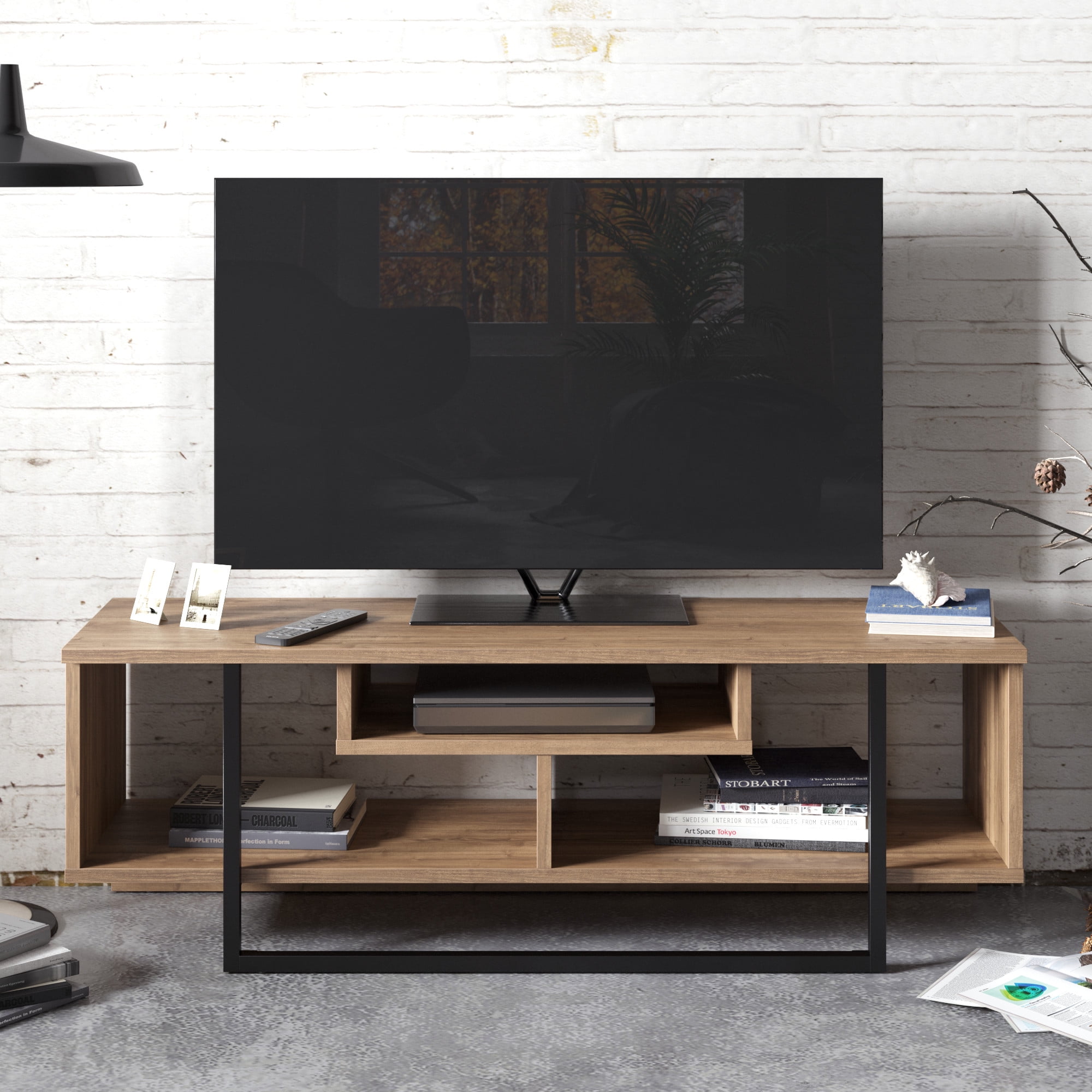 Asal 47" Modern Metal Wood TV Stand for 55 inch TV Walnut & Black ...