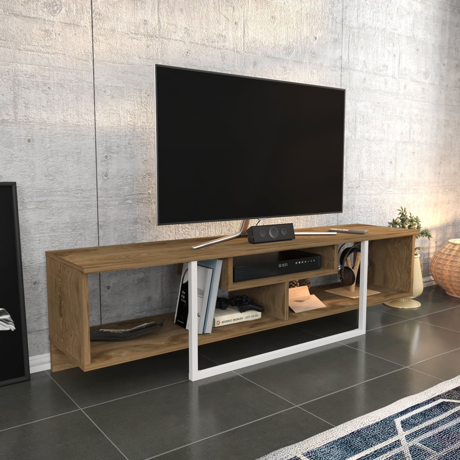 Asal 59" Modern Metal Frame Wood TV Stand for 65 inch TV Oud Oak White ...